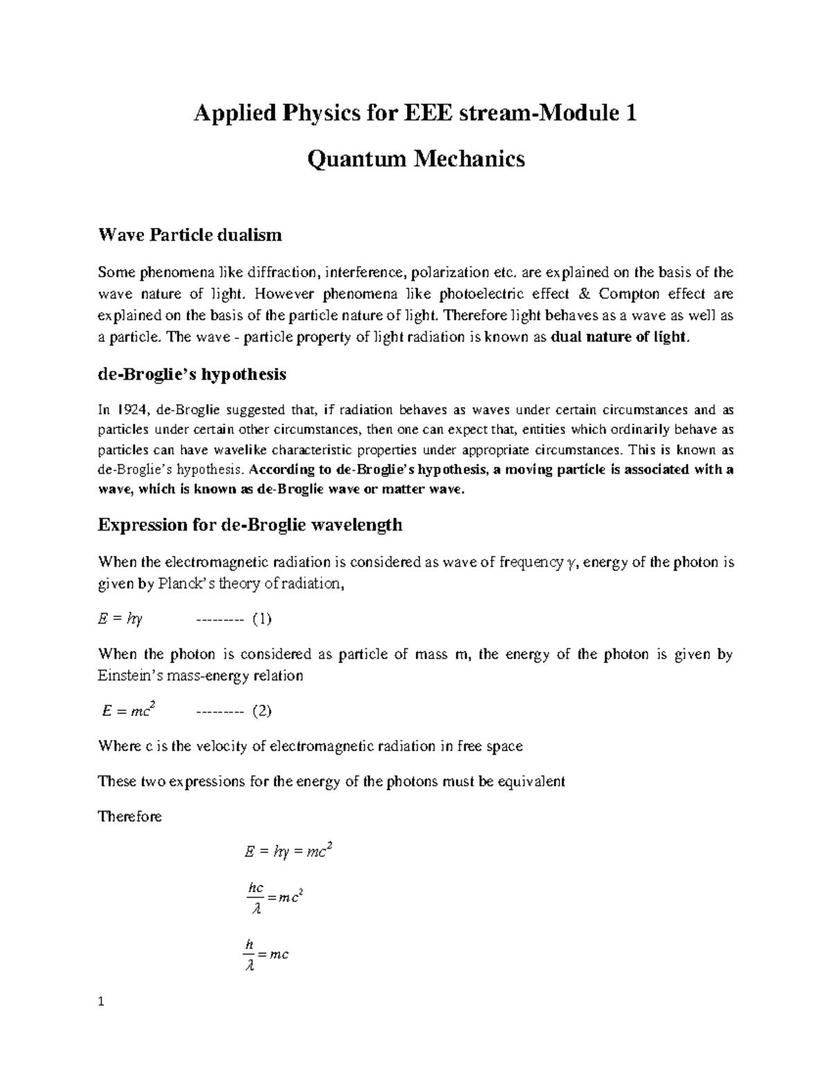 Module 1 - Quantum Mechanics-1 - Applied Physics for EEE stream-Module 1 Quantum Mechanics Wave ...