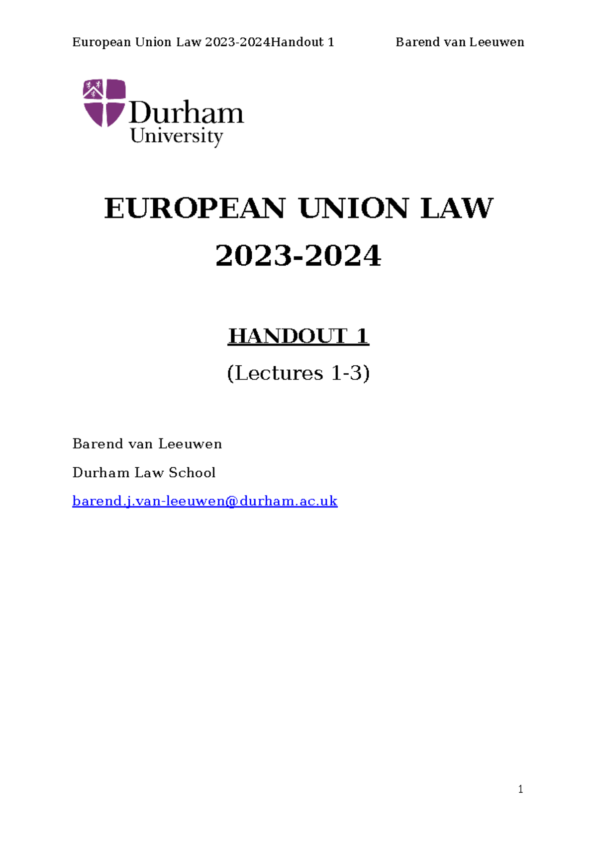 Lecture Handout 1 - EU Law 2023-2024 - EUROPEAN UNION LAW 2023- HANDOUT ...