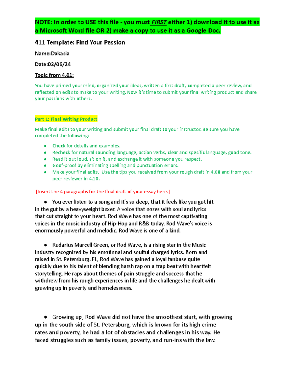 Copy of 411 Template - Answers. - NOTE: In order to USE this file - you ...