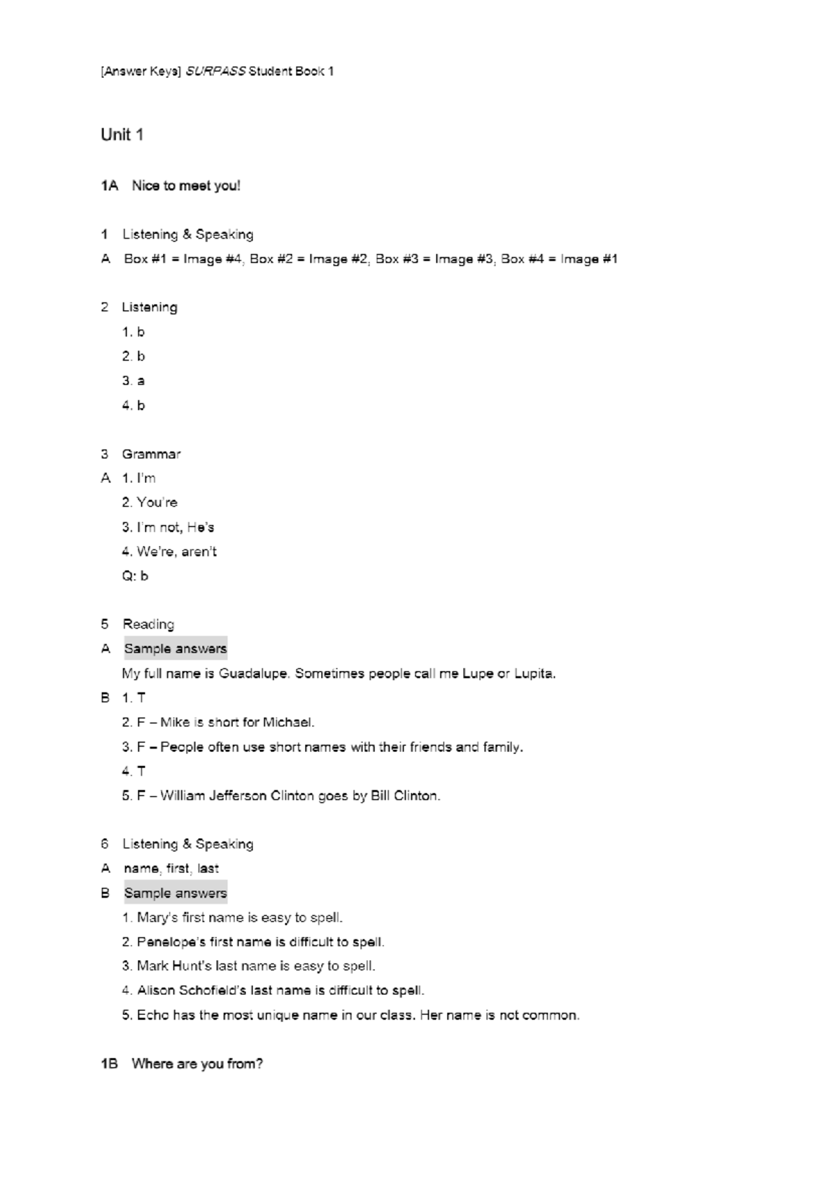Surpass 1 Student Book Answer key - Inglés I - Studocu