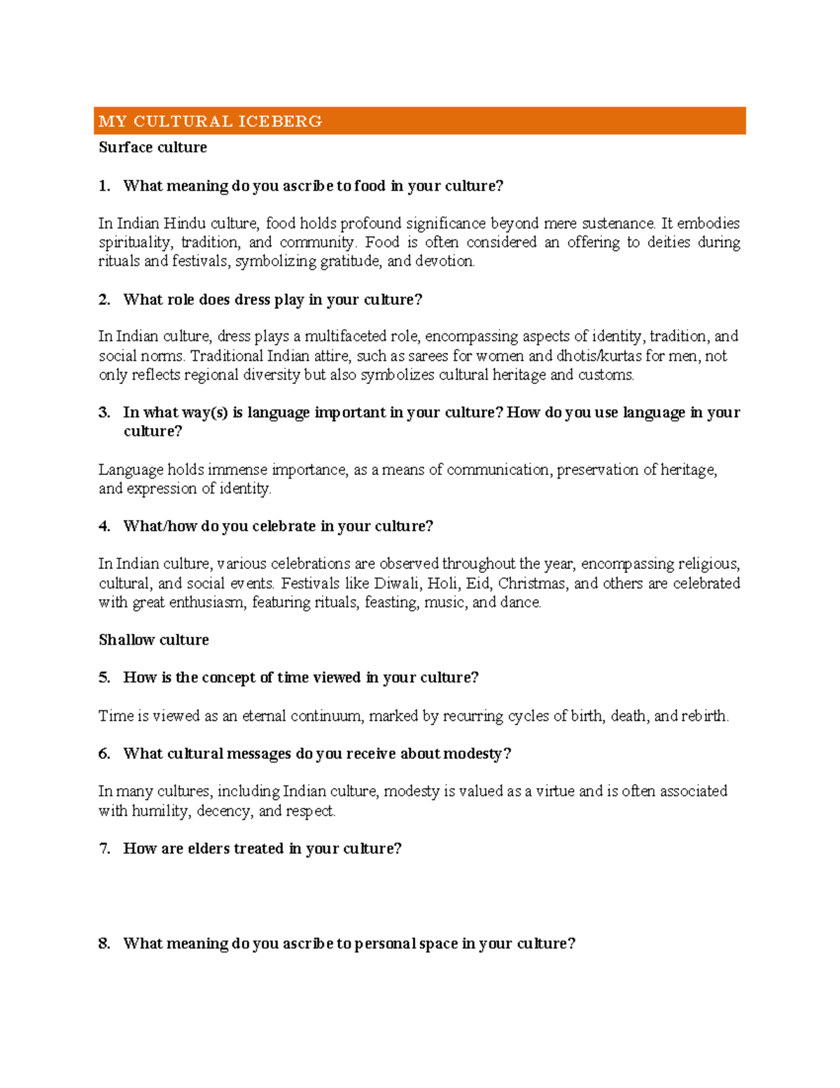 Cultural Identity worksheet - MY CULTURAL ICEBERG Surface culture What ...