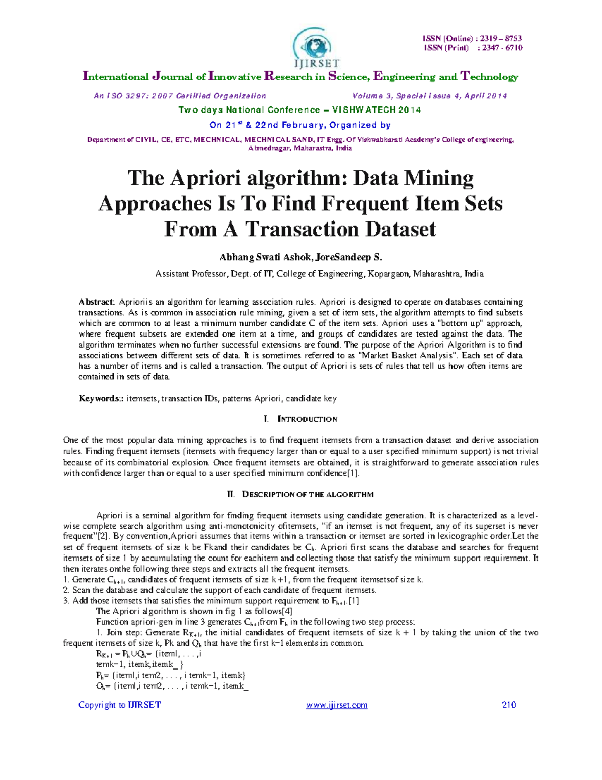 The Apriori Algorithm Data Mining Approa Issn Print 2347 6710 International Journal Of