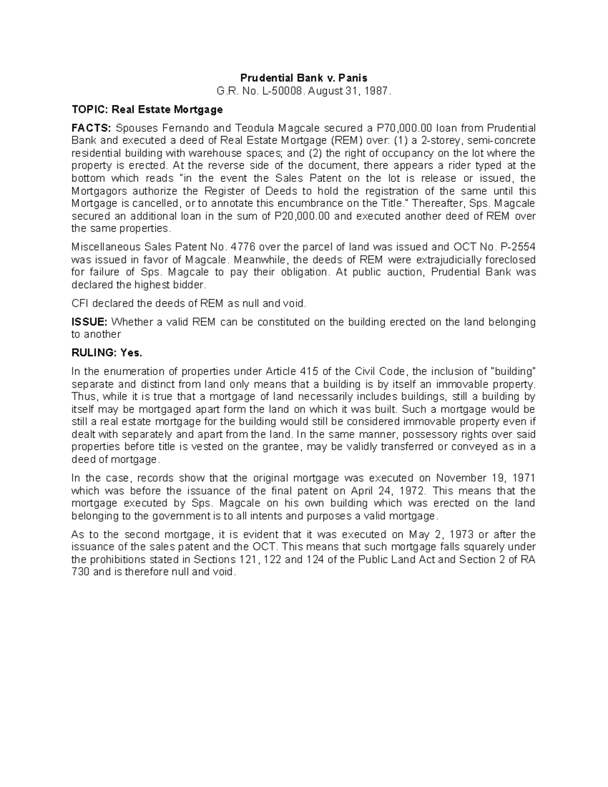 43. Prudential Bank v. Panis, 153 SCRA 390 - Prudential Bank v. Panis G ...