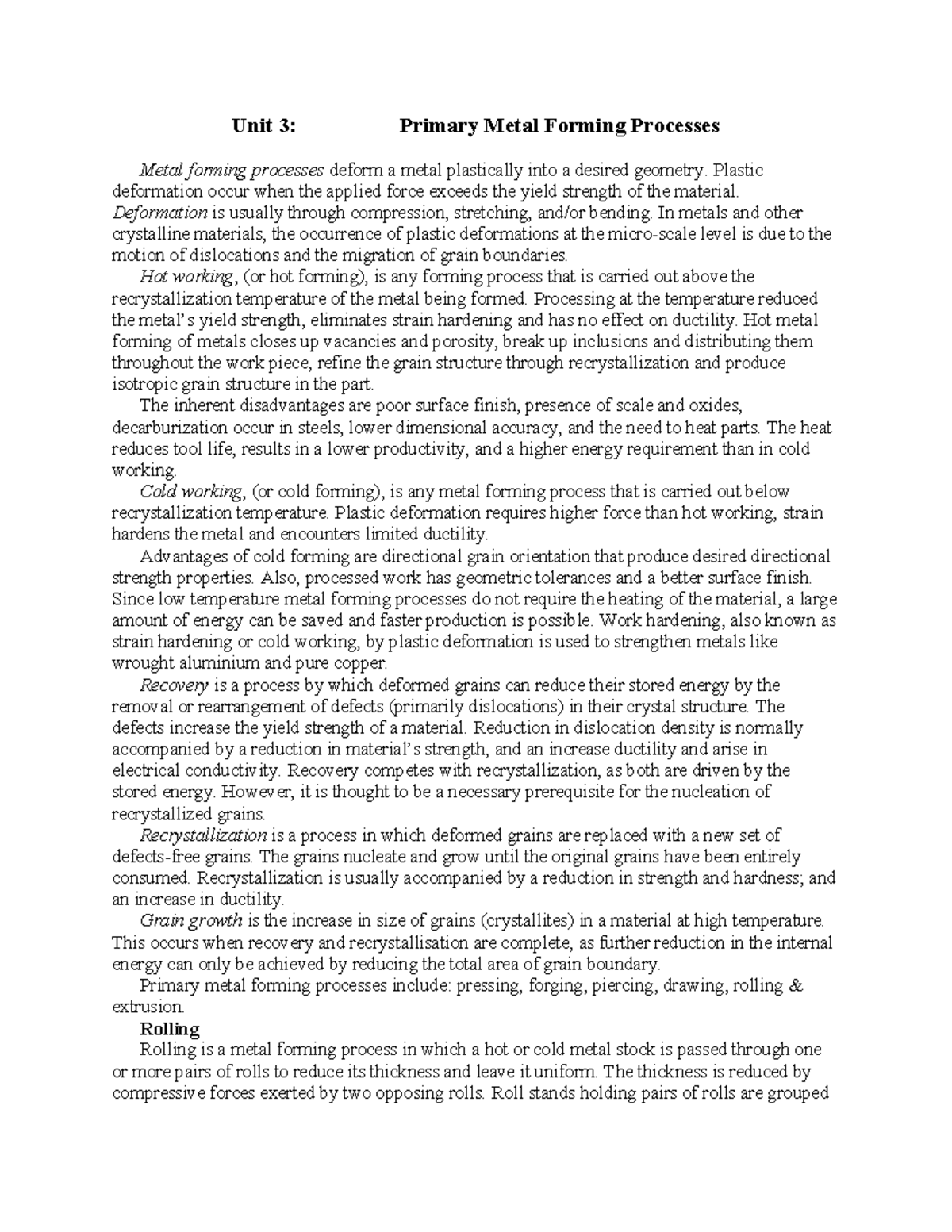 TMC 4122 Metal Forming - lecture notes on engineering technology - Unit ...