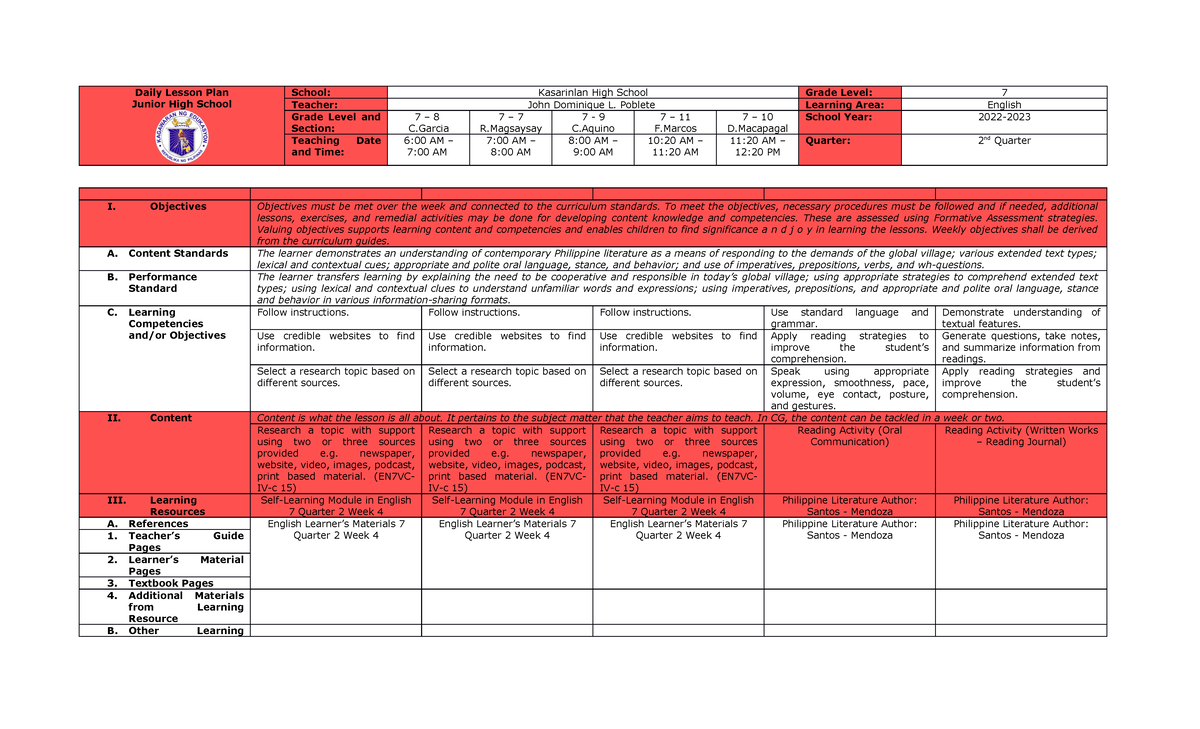 Quarter 2 Week 4 Lesson Plan - Daily Lesson Plan Junior High School ...