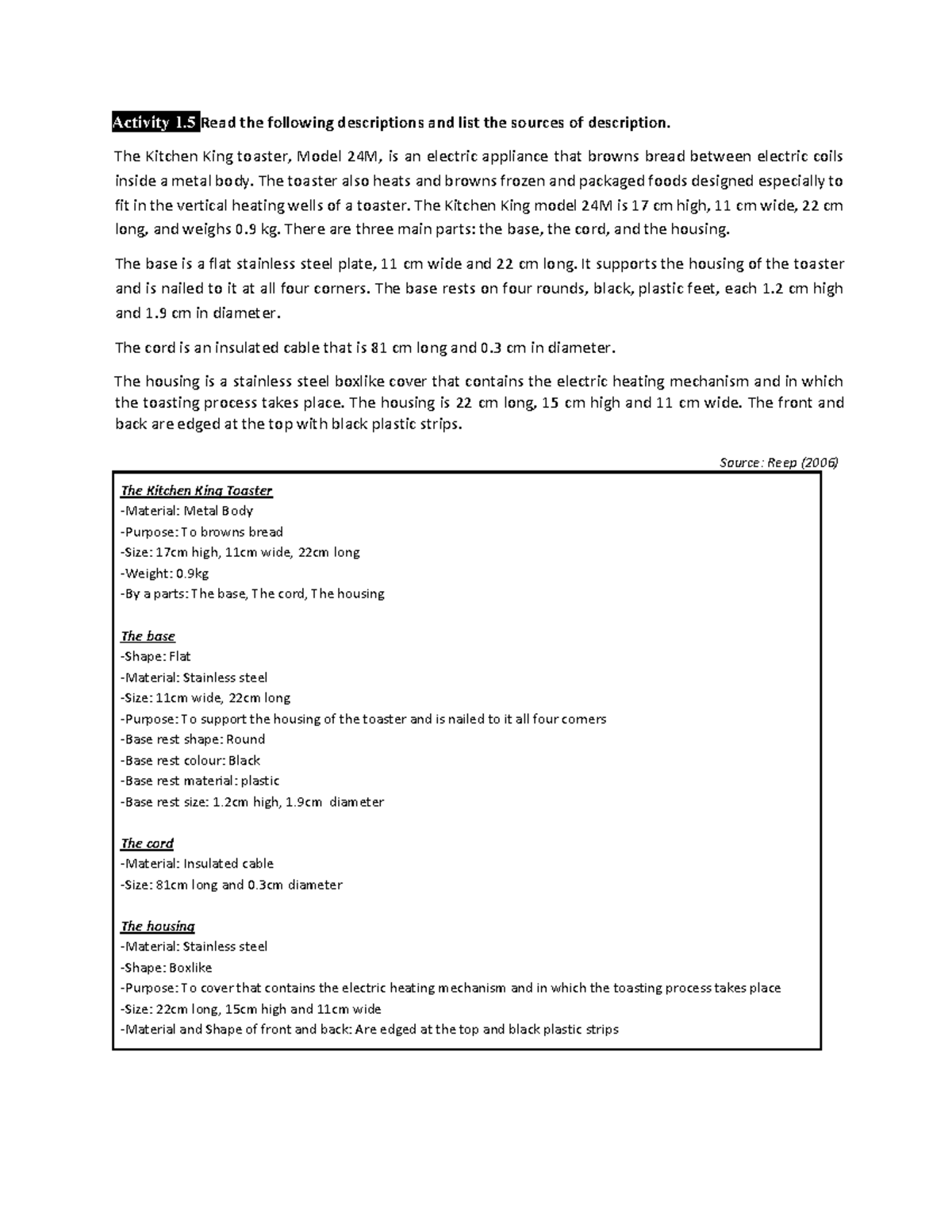 Technical Description About Product - Activity 1 Read the following ...