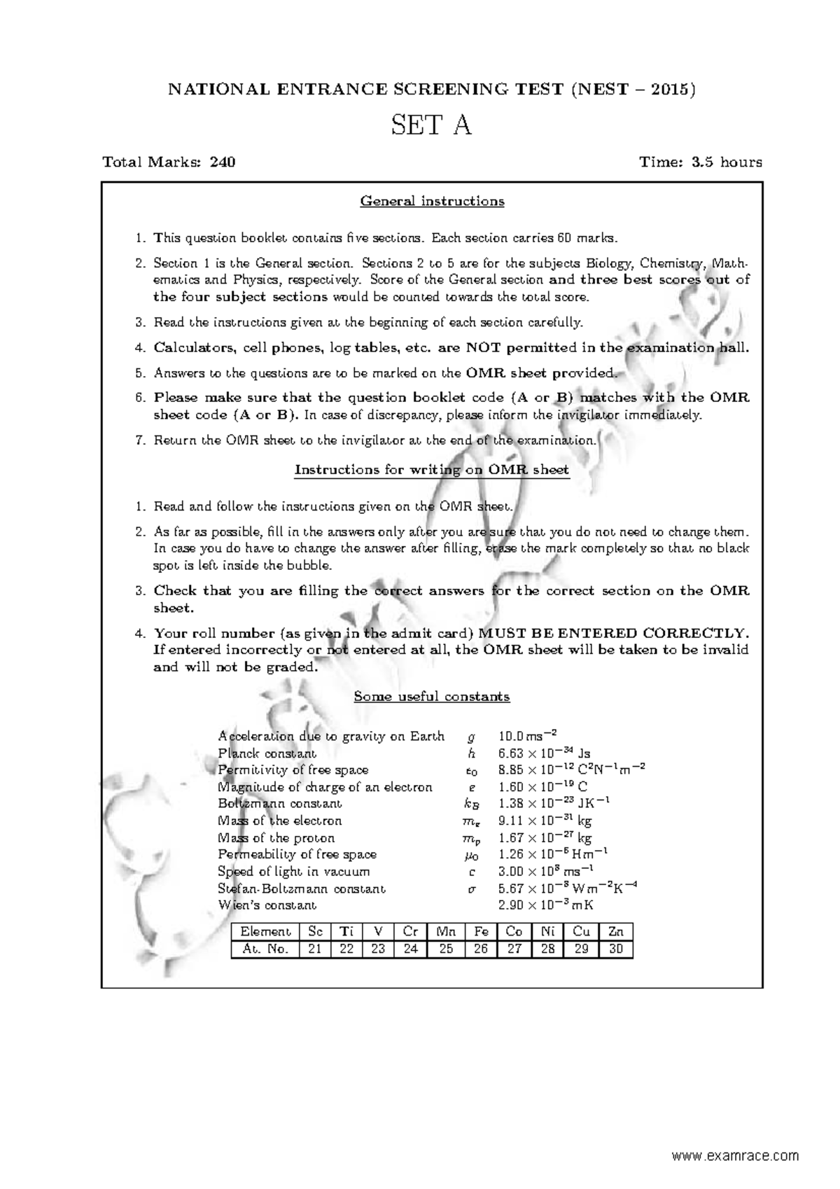 Exam 2015, answers - NATIONAL ENTRANCE SCREENING TEST (NEST – 2015) SET ...