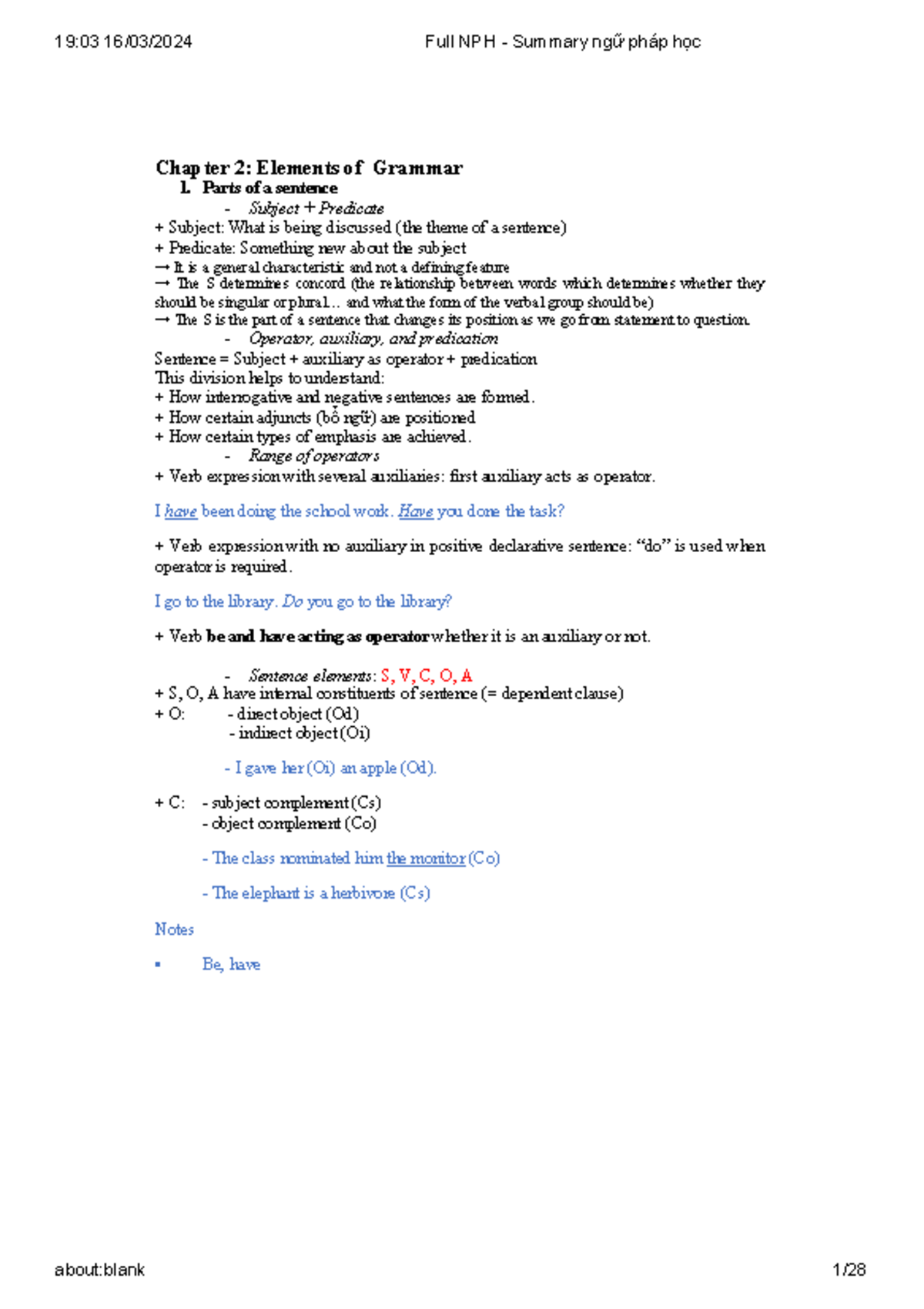 Full NPH - Summary ngữ pháp học - Chapter 2: Elements of Grammar 1 ...