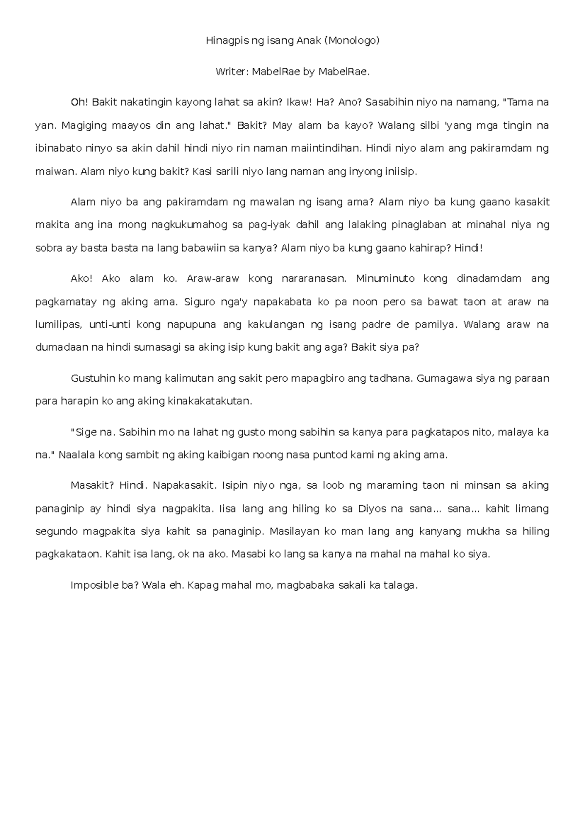 FILI- Declamationpiece - Hinagpis ng isang Anak (Monologo) Writer ...