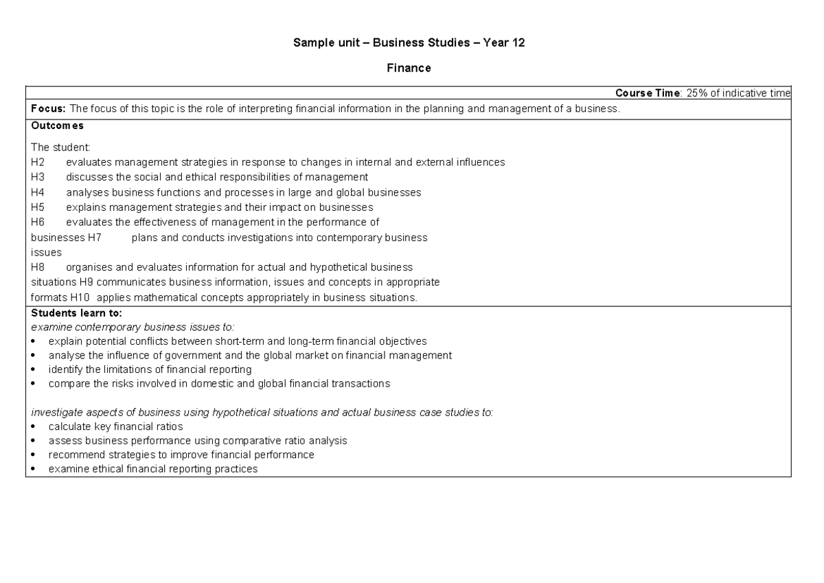 Business studies year 12 sample unit finance - Sample unit – Business ...