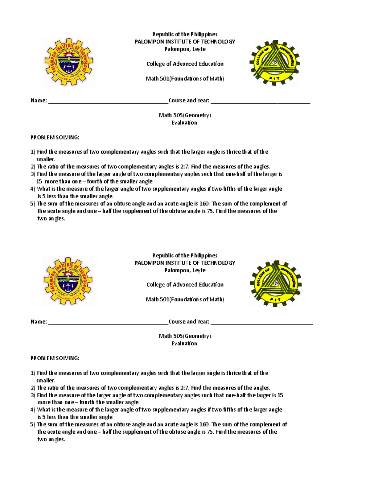 Math 505, Prob set # 2 - Modern Geometry - Republic of the Philippines ...