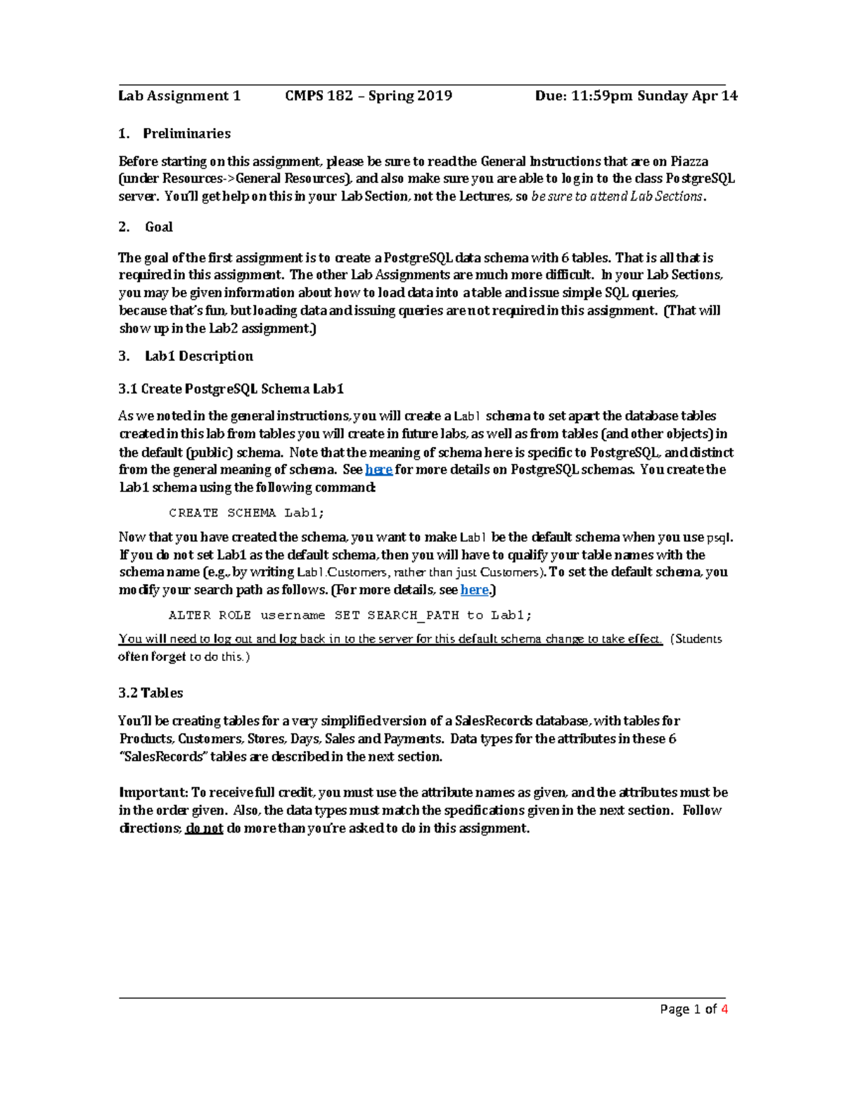 Lab1 S19 - Lab Assignment 1 CMPS 182 – Spring 2019 Due: 11:59pm Sunday Apr 14 1. Preliminaries ...