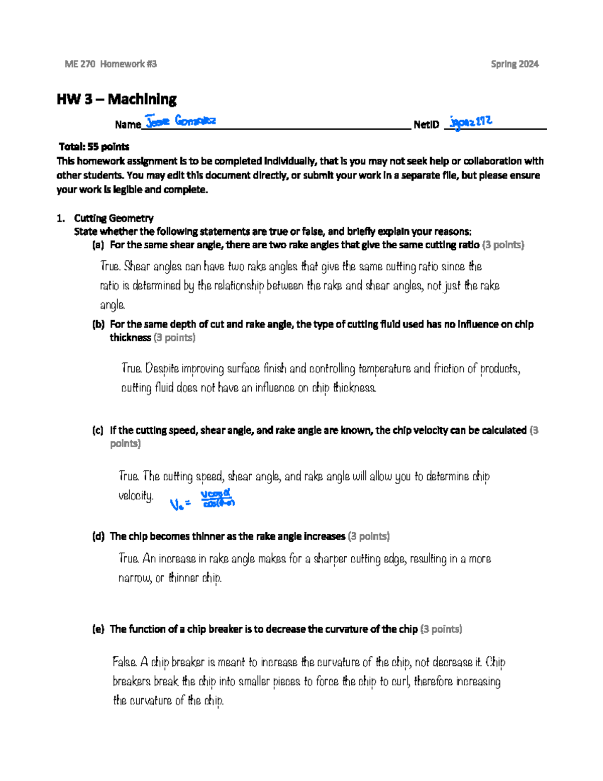 HW3 Machining - hw 3 - JoseGonzalez jgonz 272 ####### v True. Shear ...