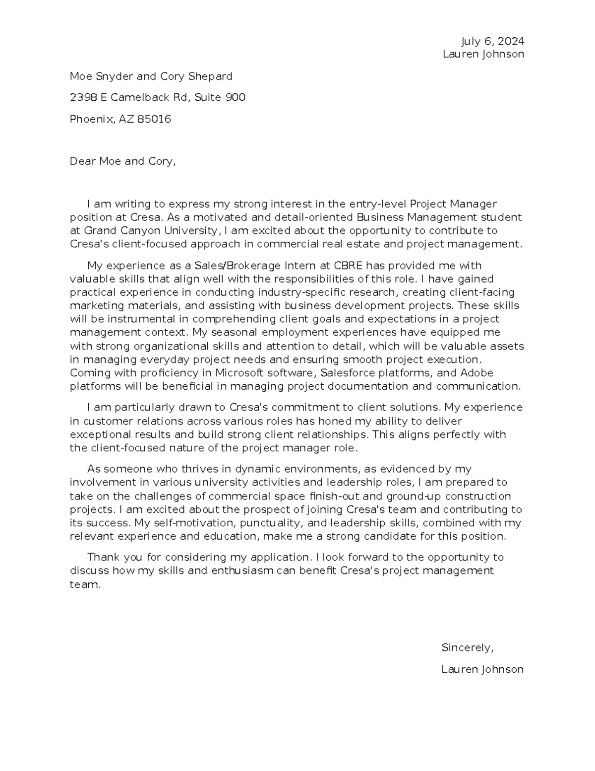 Summer Class Cover Letter - Cresa - 7 - July 6, 2024 Lauren Johnson Moe ...