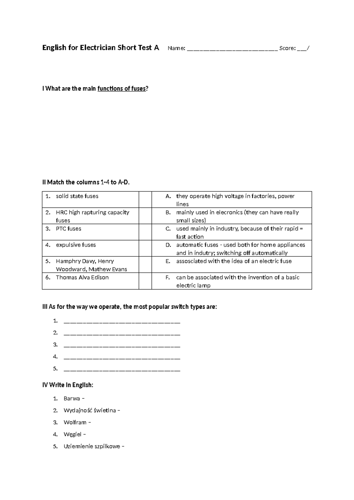 English for Electrician Short Test A Name - 1. solid state fuses A ...