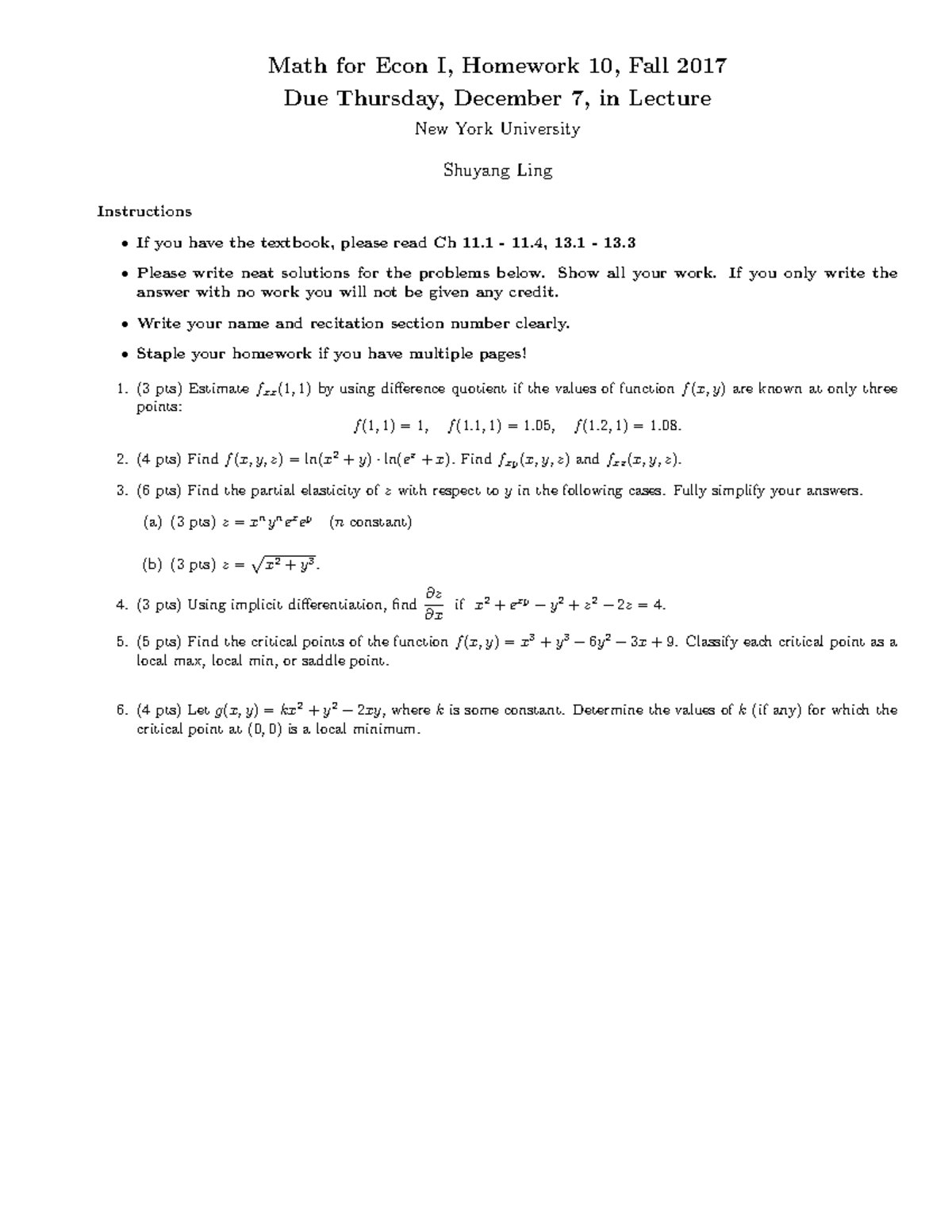 MFE HW10 UA 0211 17 FALL17 - Math for Econ I, Homework 10, Fall 2017 Due Thursday, December 7 ...