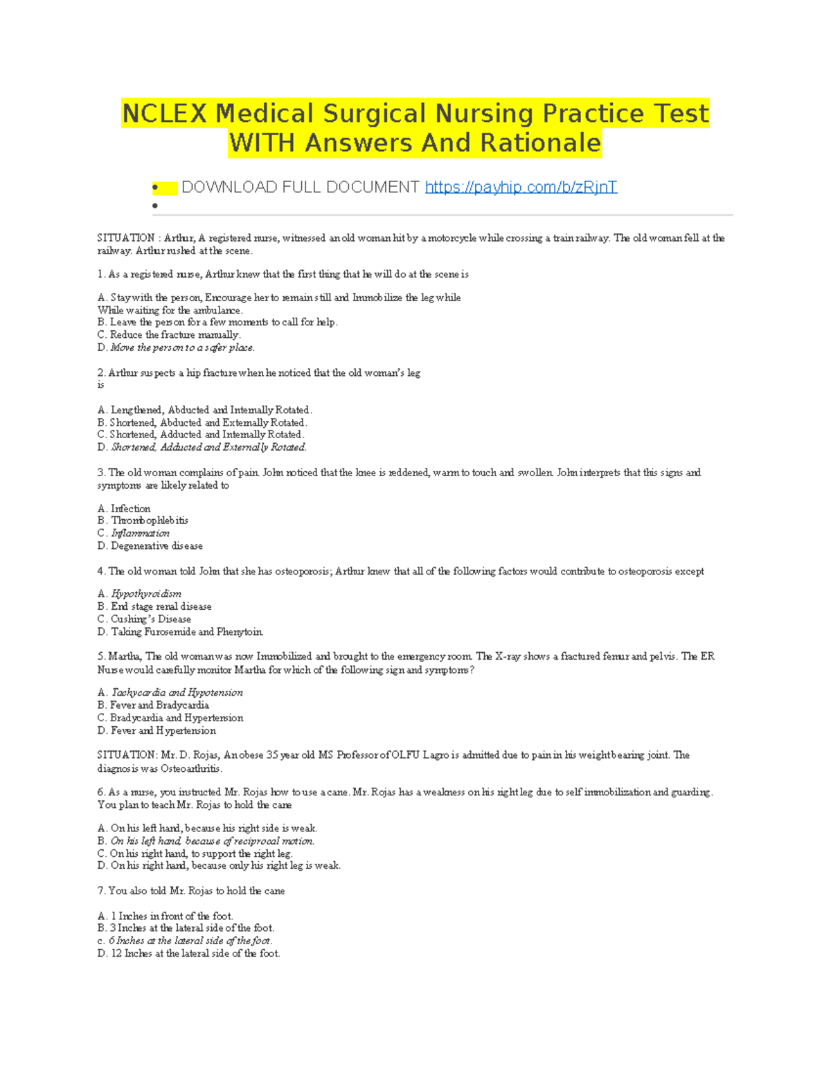 Nclex Medical Surgical Nursing Practice Test WITH Answers And Rationale ...
