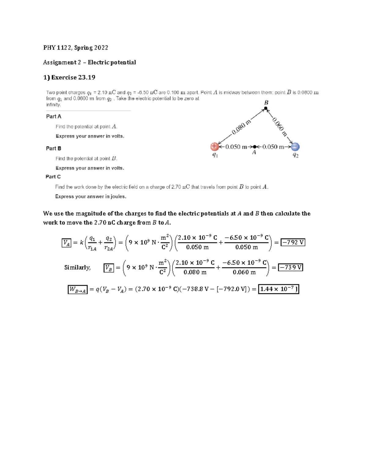 A2 solutions 20225 - PHY 1122, Spring 2022 Assignment 2 3 Electric ...