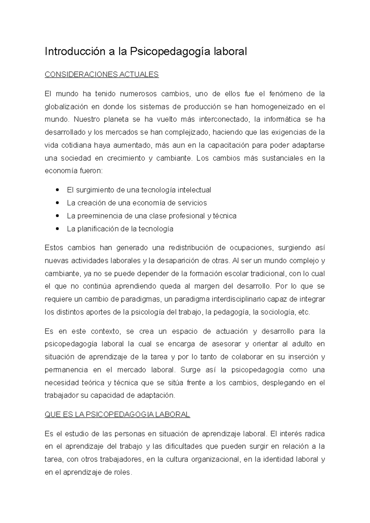 Parcial Psicopedagogía laboral - Introducción a la Psicopedagogía laboral CONSIDERACIONES ...
