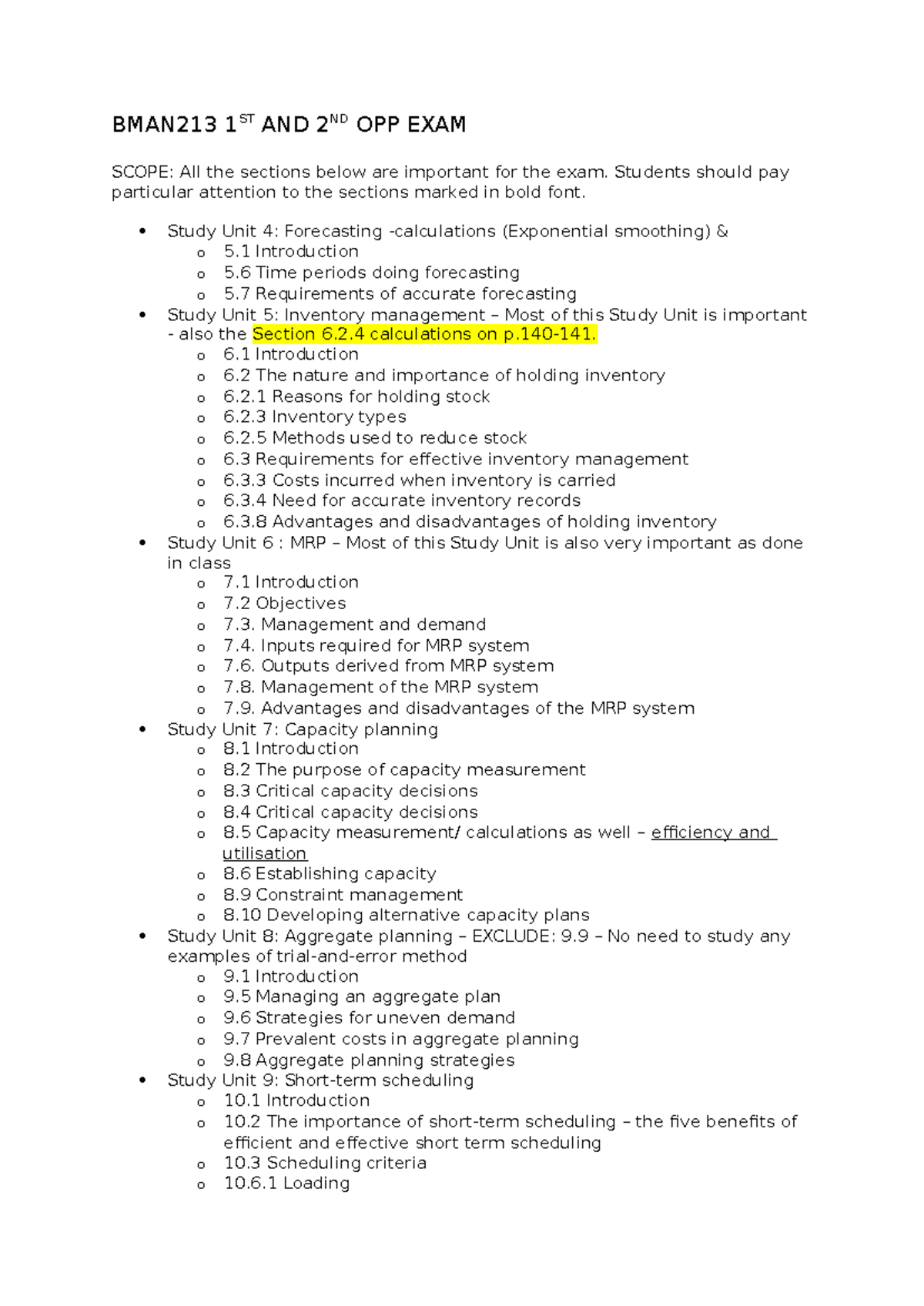 BMAN213 - Exam scope - BMAN213 1ST AND 2ND OPP EXAM SCOPE: All the ...