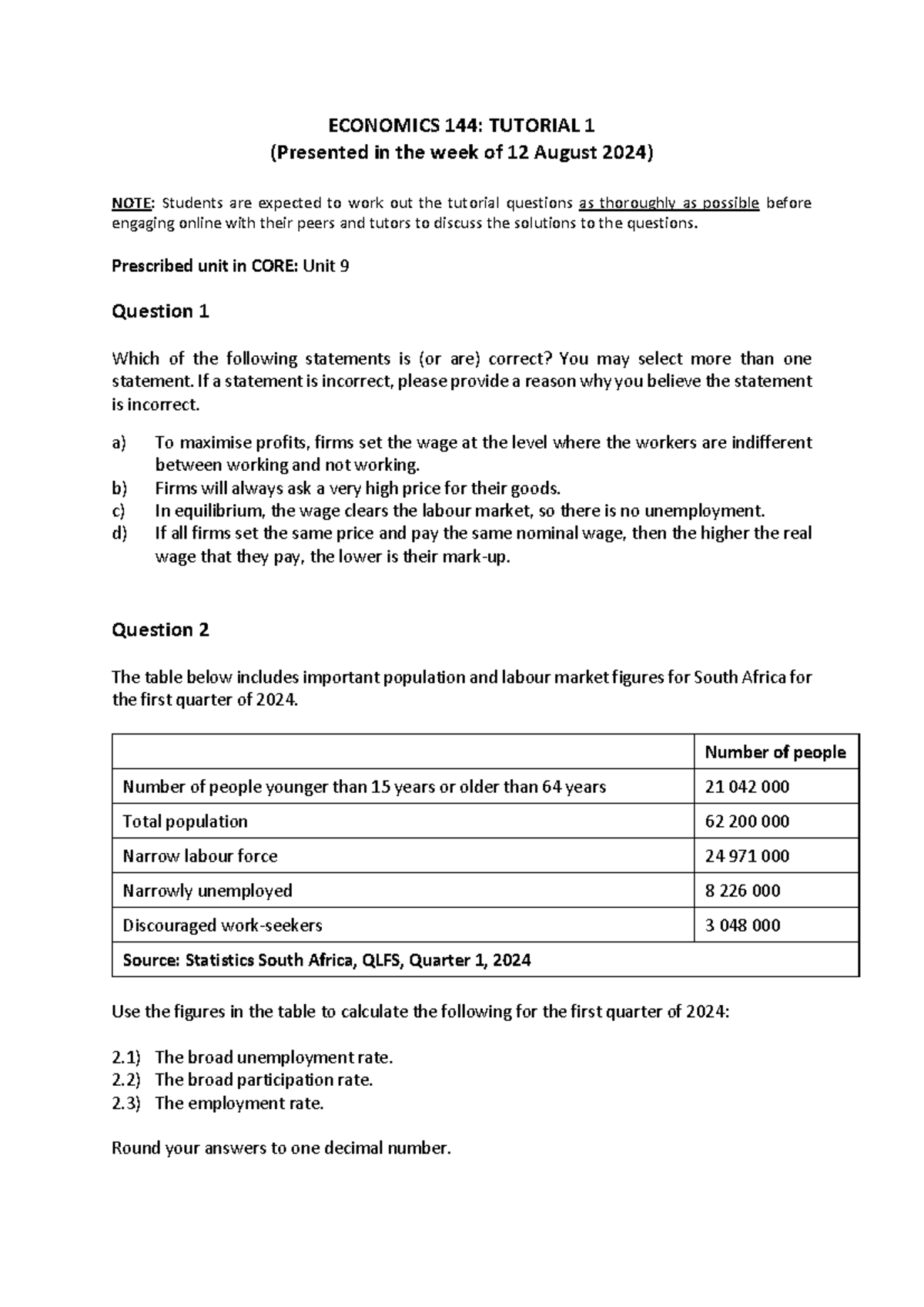 Economics 144 Tutorial English - ECONOMICS 144: TUTORIAL 1 (Presented ...