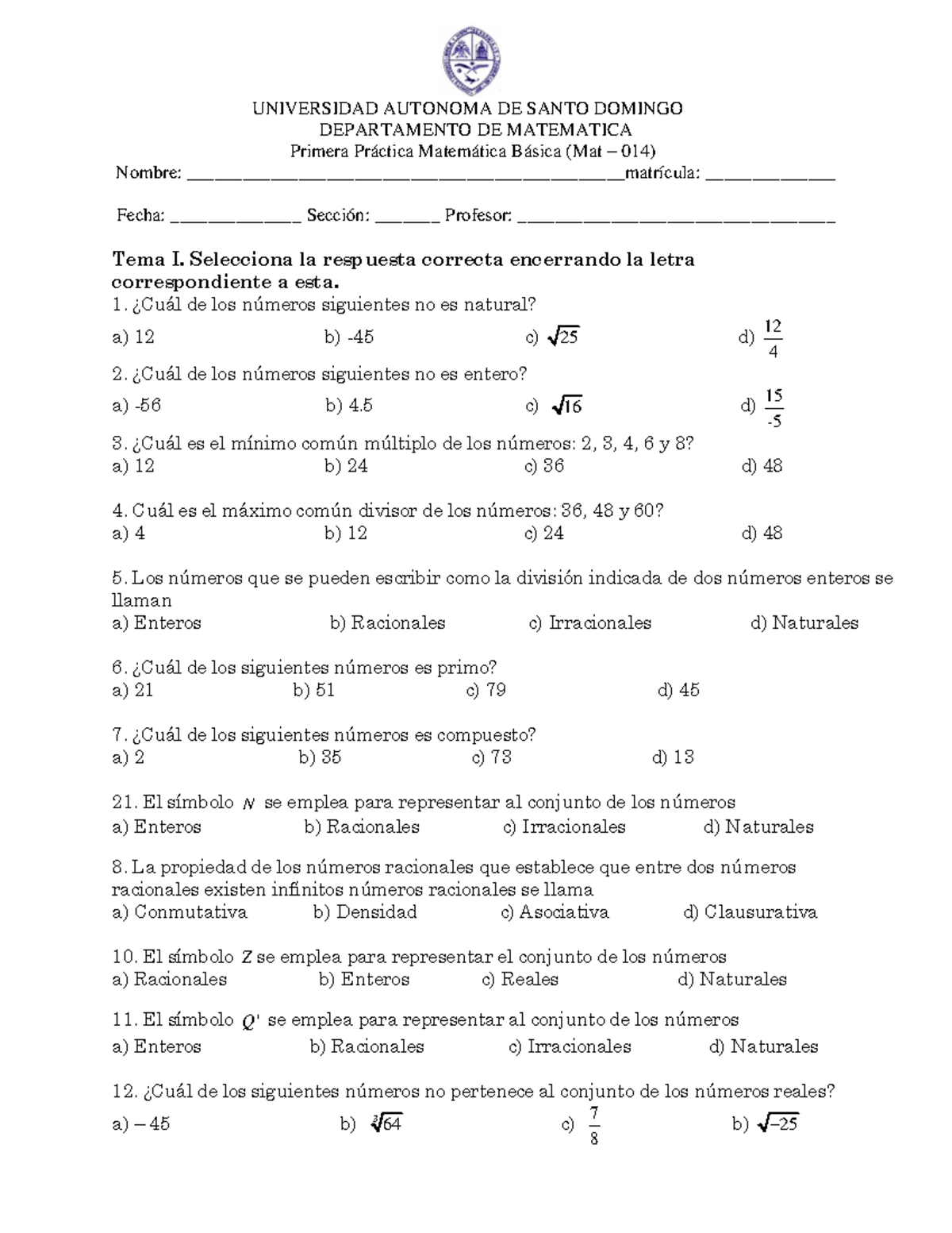 Primera Práctica Matematica Básica ( Mat- 014) Septembre 2024 ...