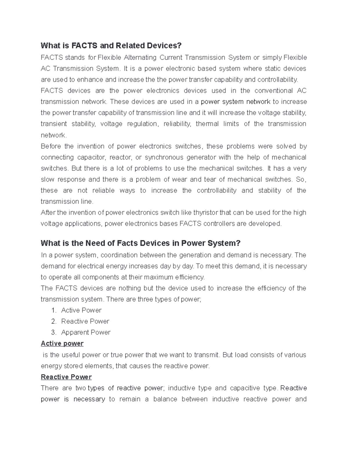 Facts - What is FACTS and Related Devices? FACTS stands for Flexible ...