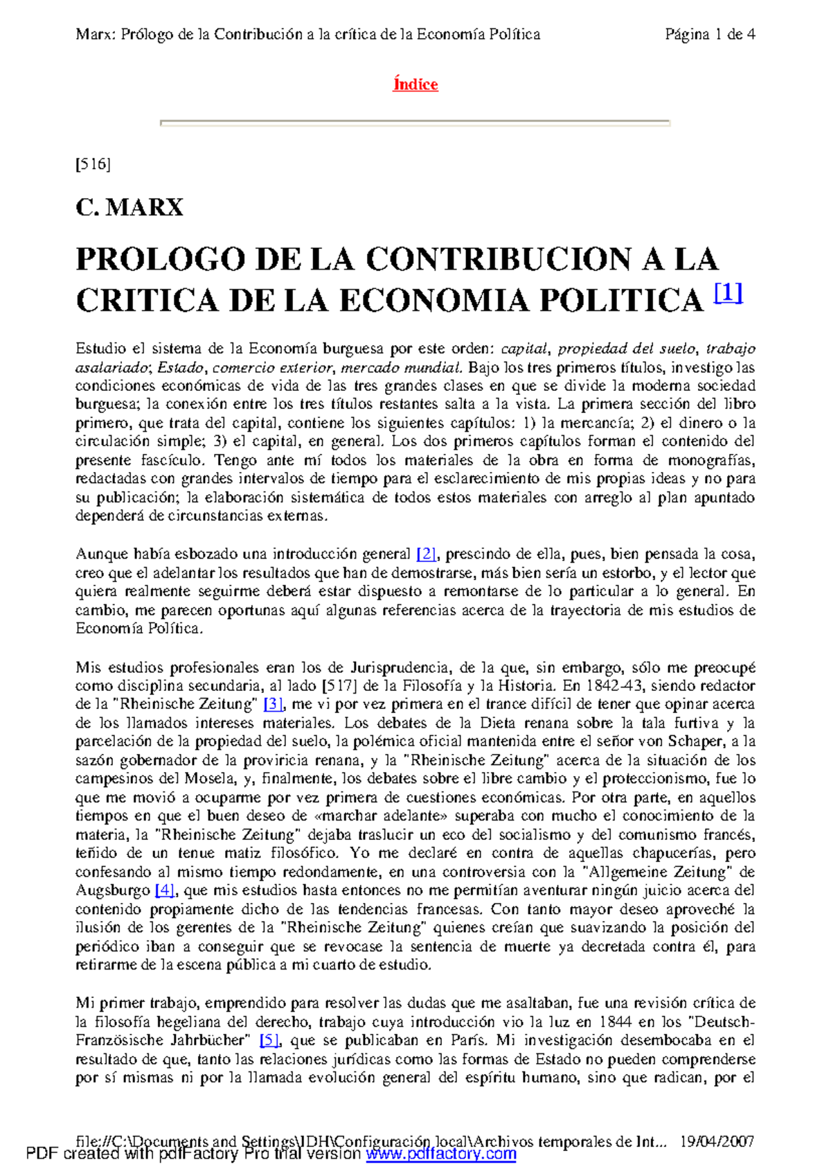 Prologo de la Contribucion A LA Critica DE LA Economía Politica - Carlos MARX - Índice [516] C ...