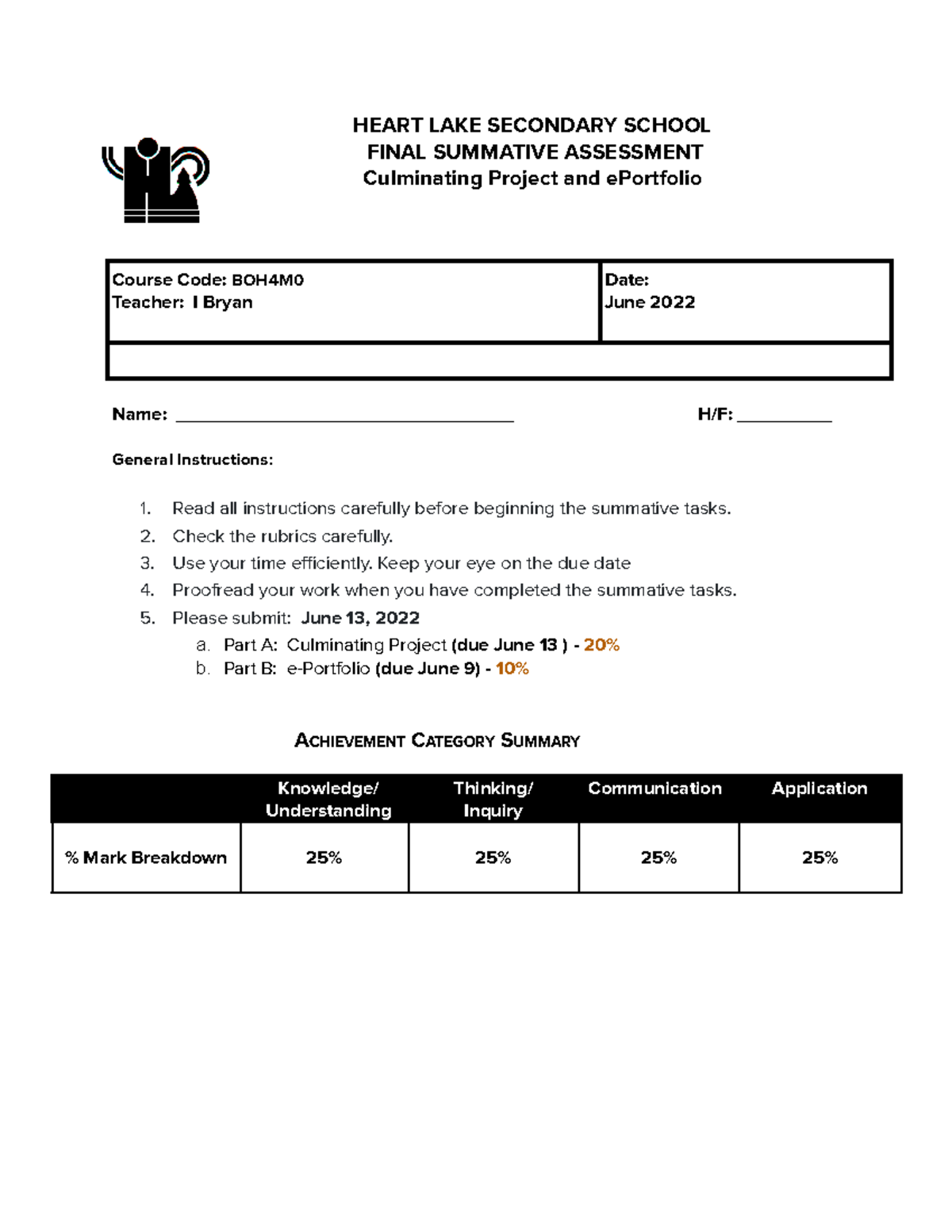 BOH4M Final Summative - HEART LAKE SECONDARY SCHOOL FINAL SUMMATIVE ...