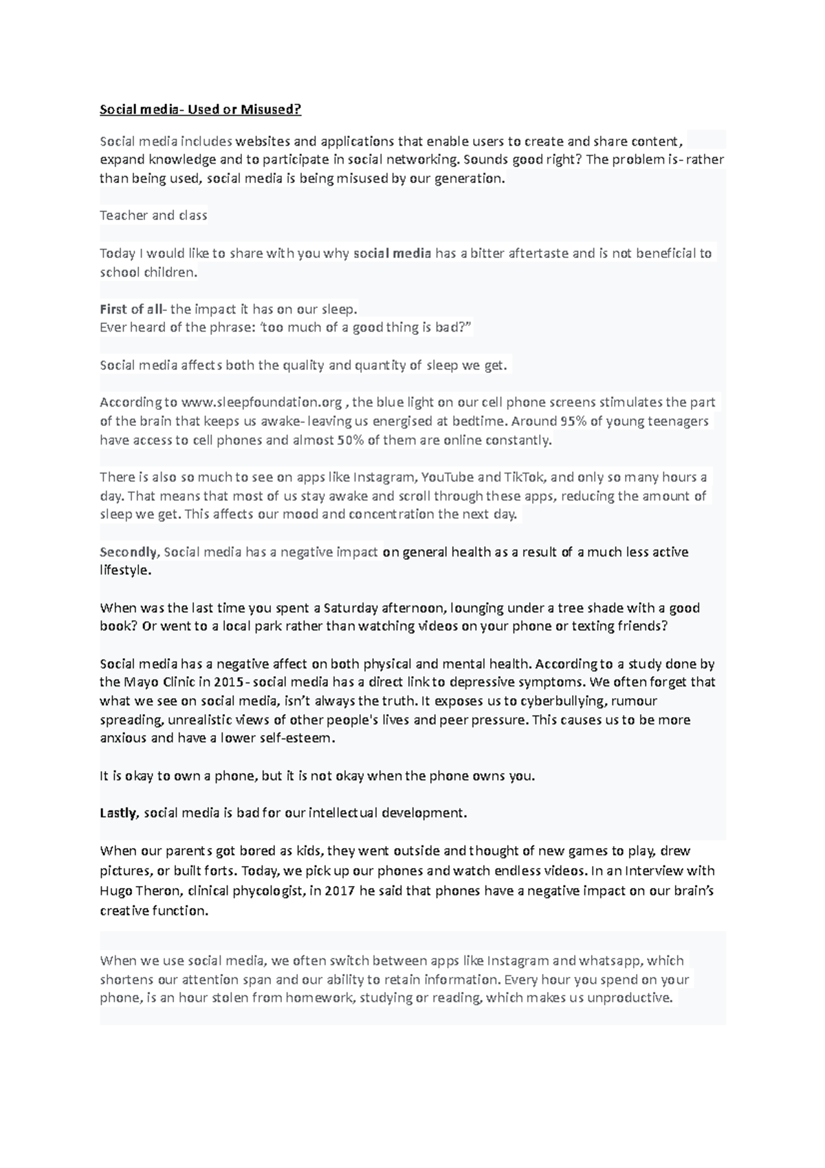 Social Media Speech (Gr 6) - Social media- Used or Misused? Social ...