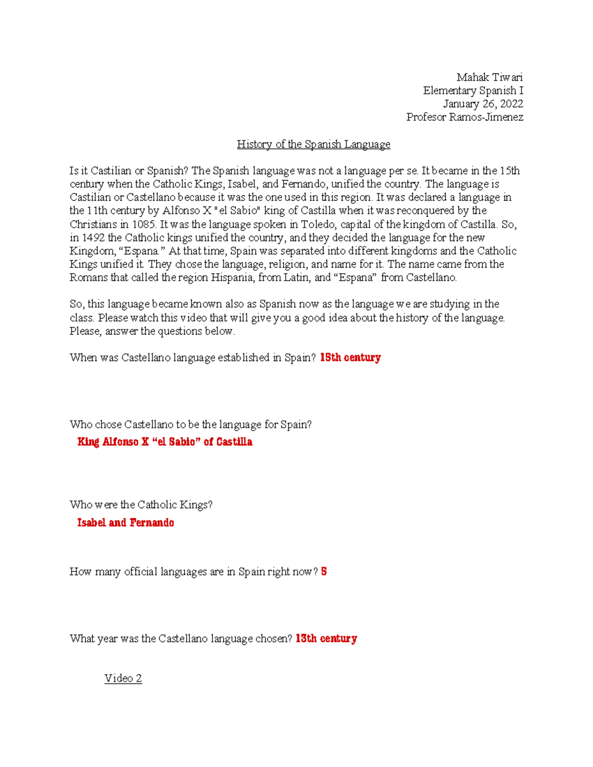 Brief History Spanish MT - Mahak Tiwari Elementary Spanish I January 26 ...