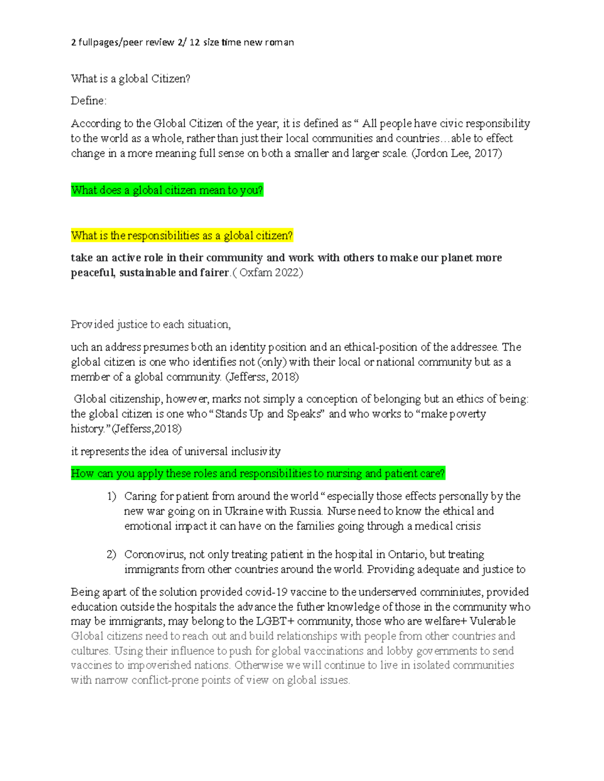 What is a global Citizen responsibility in todays World - 2 fullpages ...