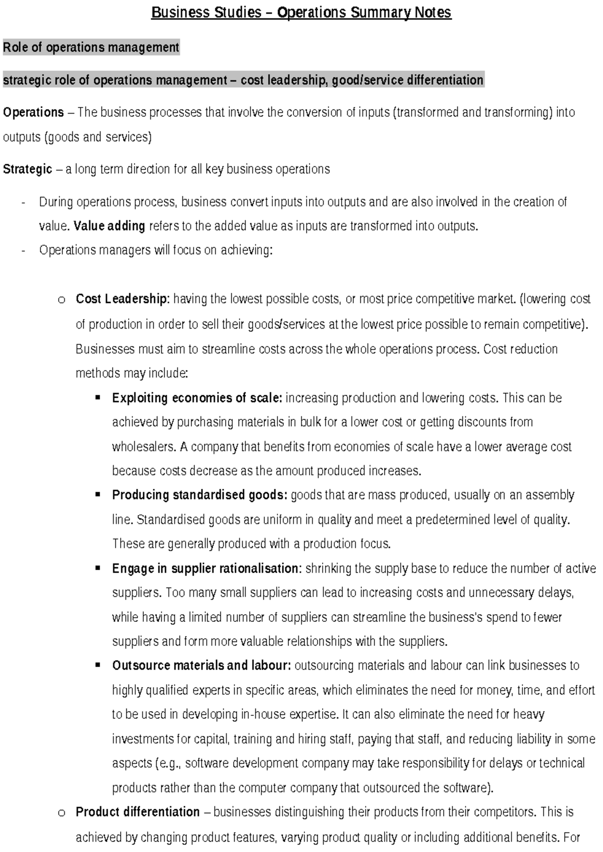 Business operations notes - Business Studies – Operations Summary Notes ...