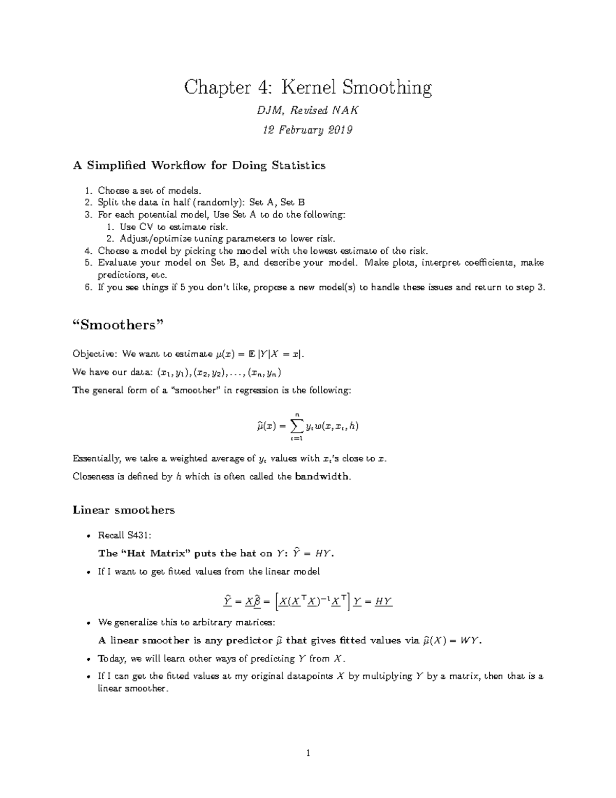 Lec07 Lecture Notes On Stats Modeling Chapter 4 Kernel Smoothing Djm Revised Nak 12