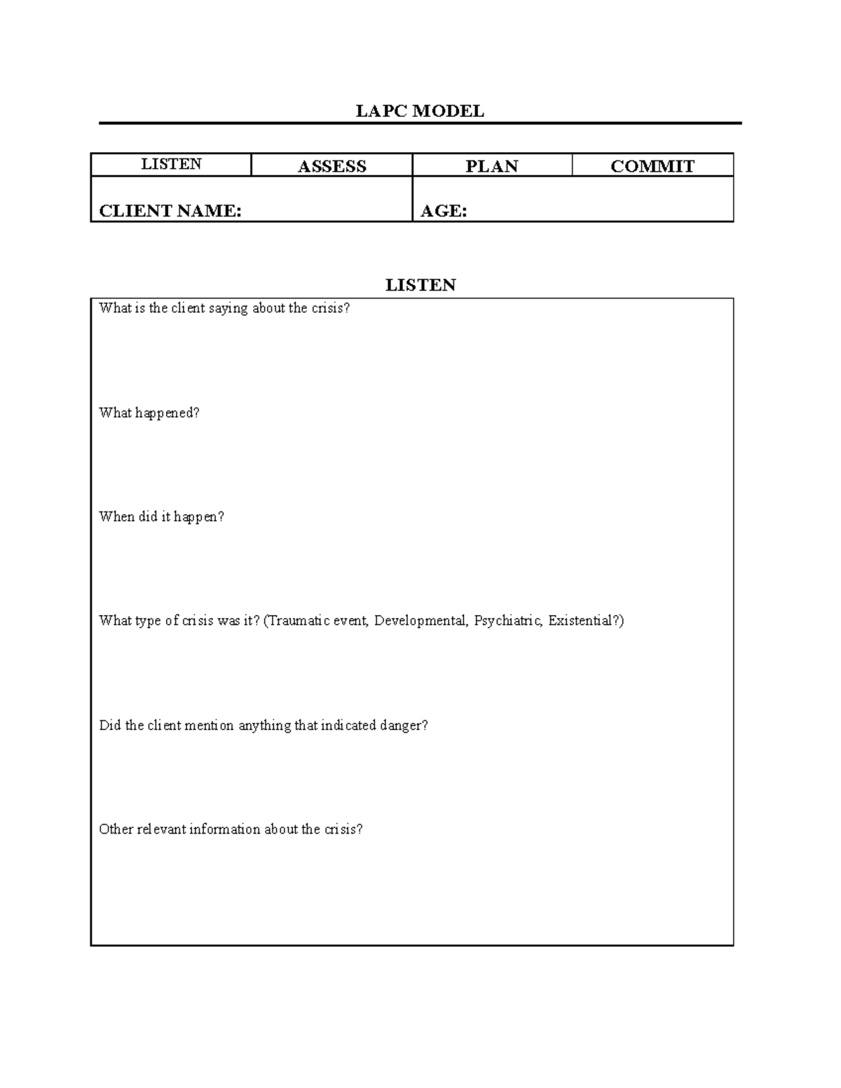 LAPC Model ASSIGNMENT - LAPC MODEL LISTEN ASSESS PLAN COMMIT CLIENT ...