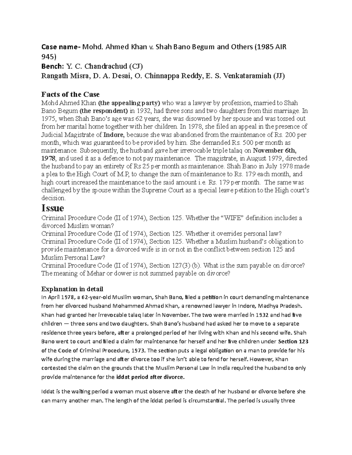 Shah bano begum case - shah bano famous case - Case name- Mohd. Ahmed ...