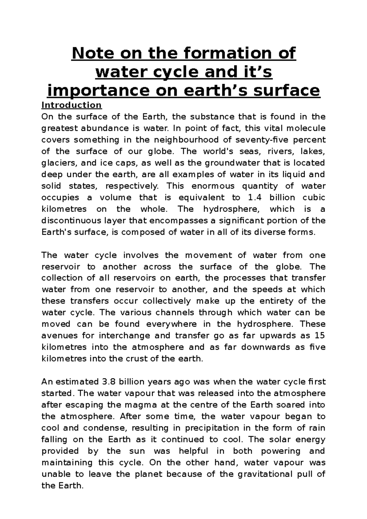 Note on the formation of water cycle and it’s importance on earth’s ...
