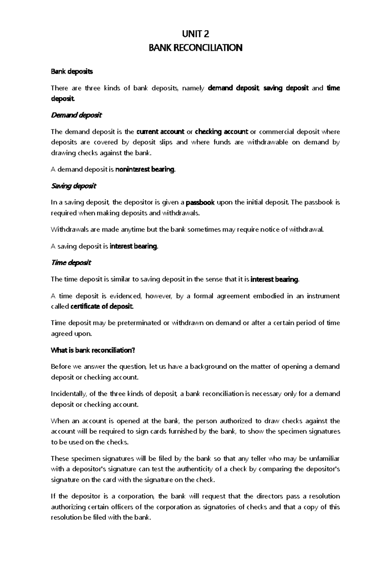 Unit 2 Bank Reconciliation Lecture Notes for 1st year students - UNIT 2 ...