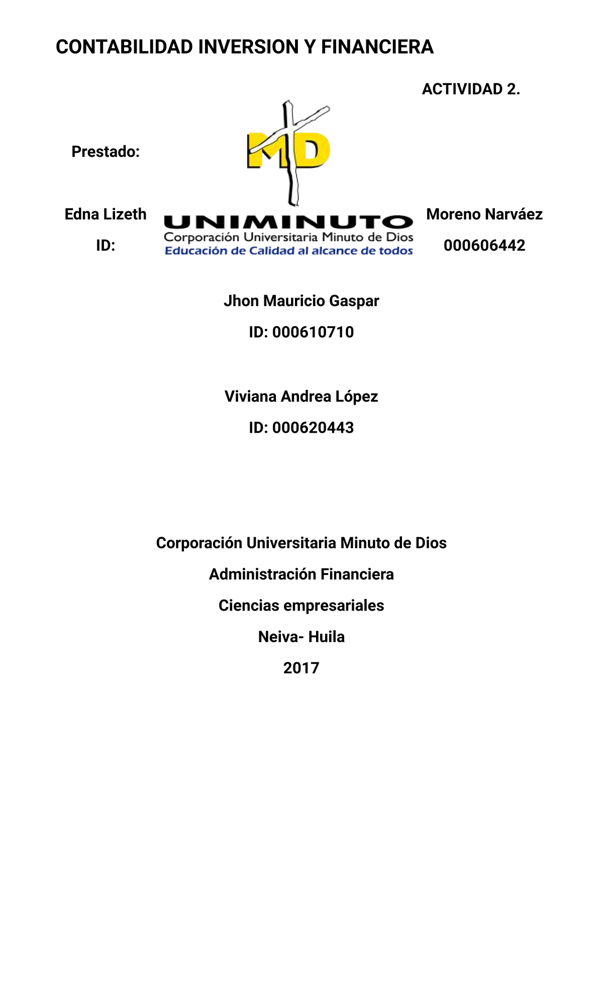 Contabilidad Inversion Y Financiera ACTI - ACTIVIDAD 2. Prestado: Edna ...