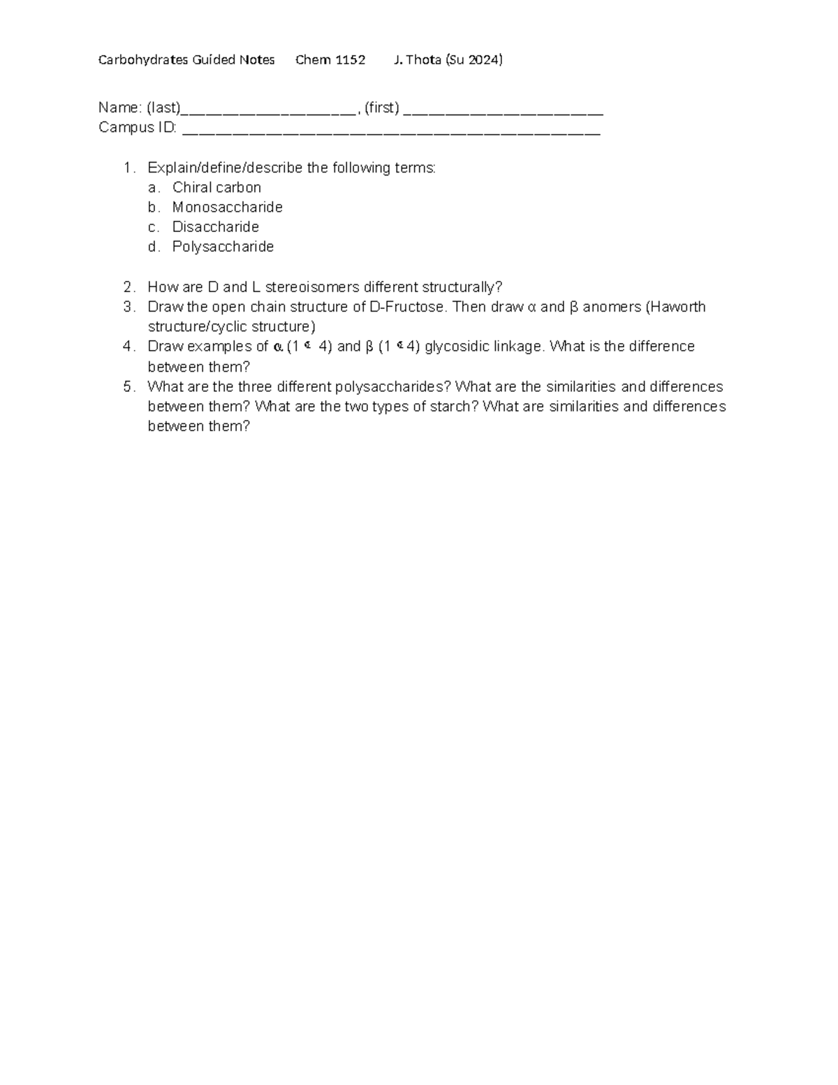 Carbohydrates - BioChem Extra practice - Carbohydrates Guided Notes ...