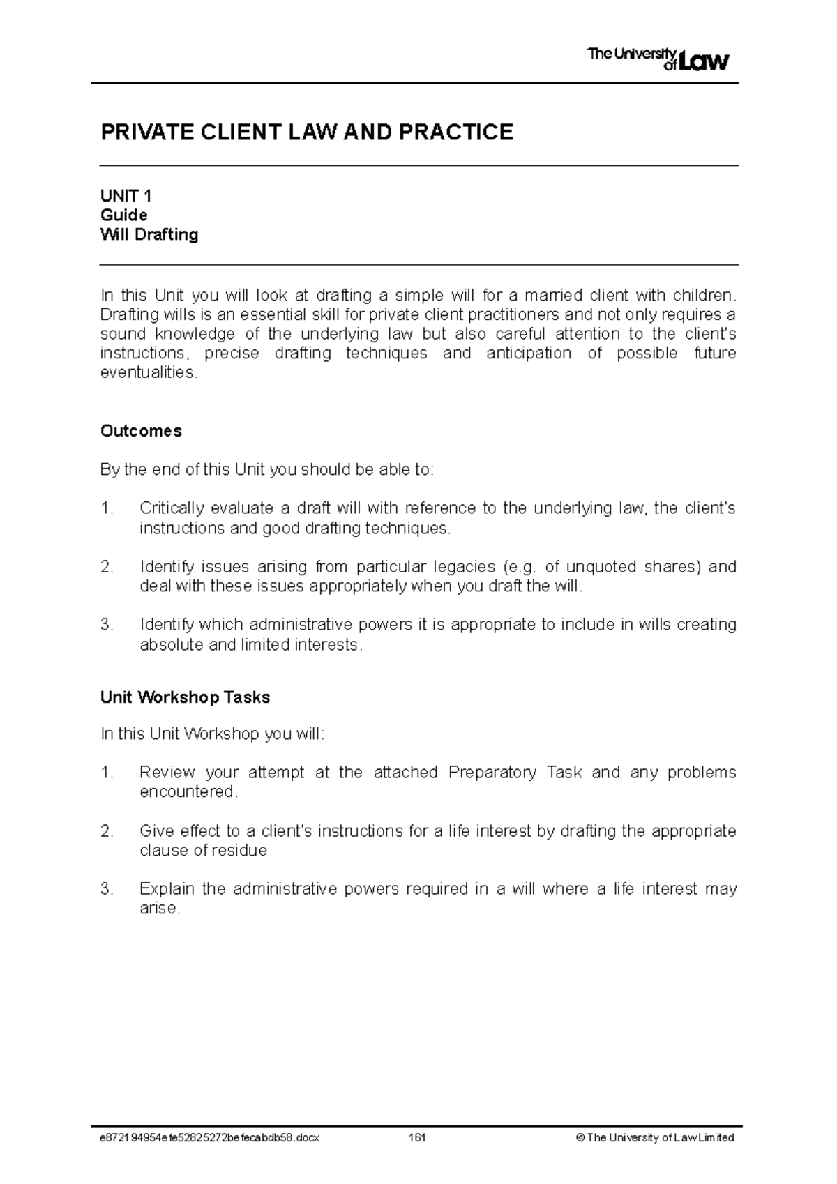 1 Will Guide - PRIVATE CLIENT LAW AND PRACTICE UNIT 1 Guide Will ...