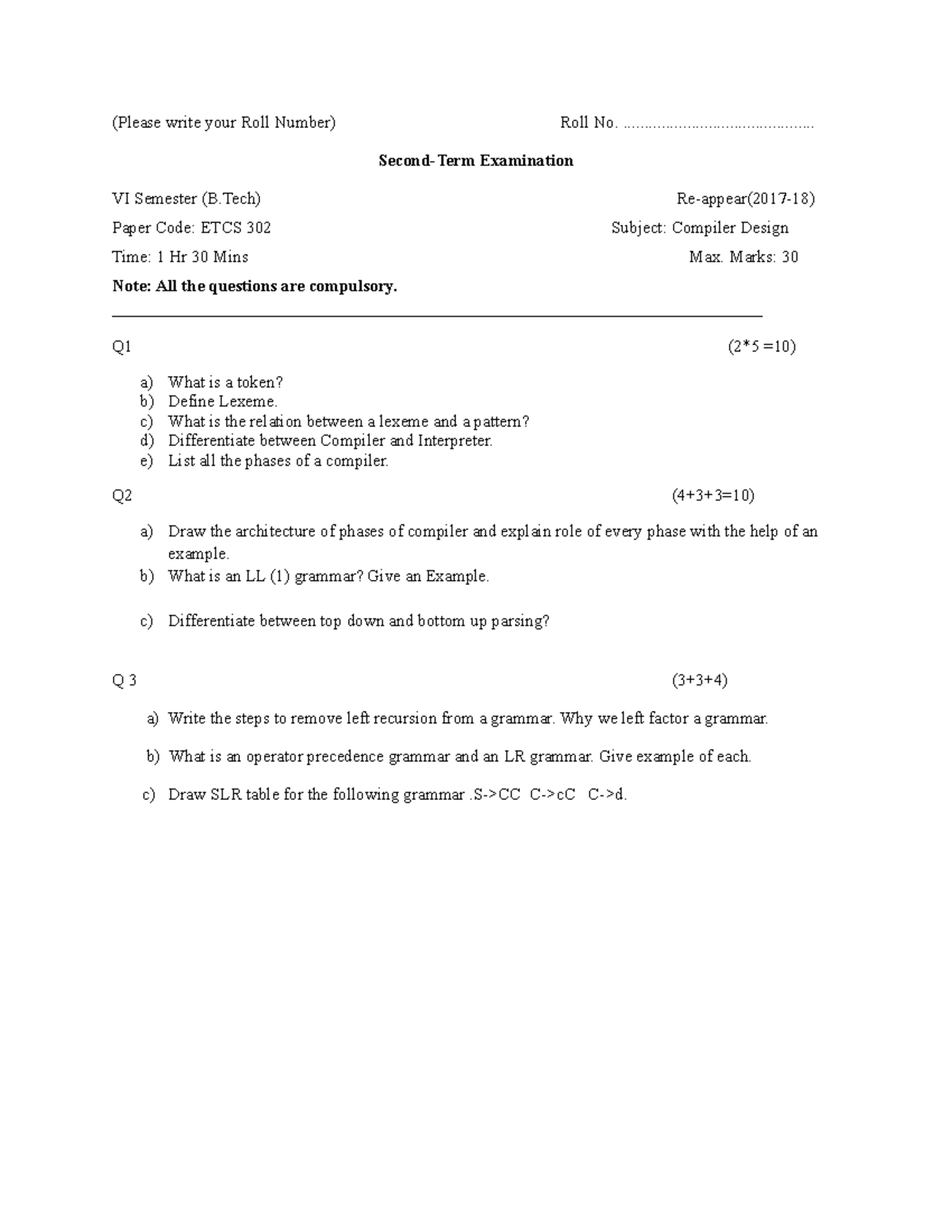 Sample/practice exam 2017, questions - (Please write your Roll Number ...