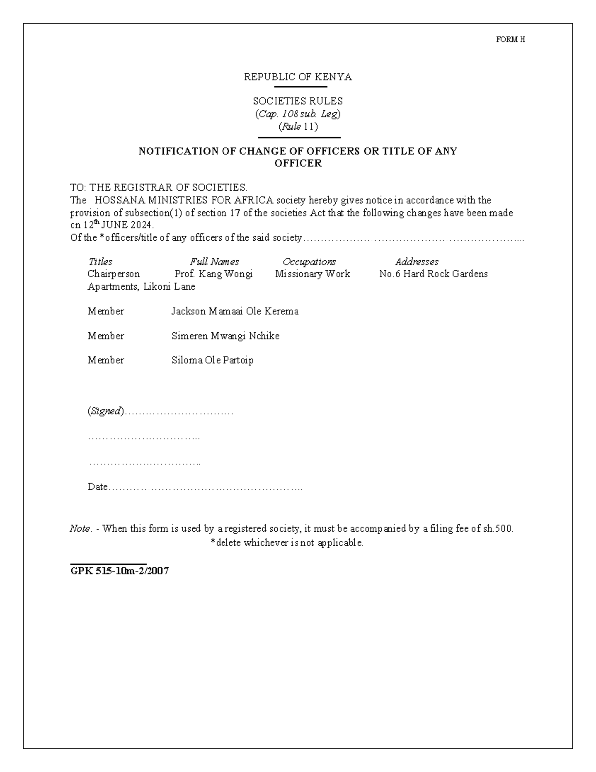 FORM H Notification of Change of Office Bearers - FORM H REPUBLIC OF ...