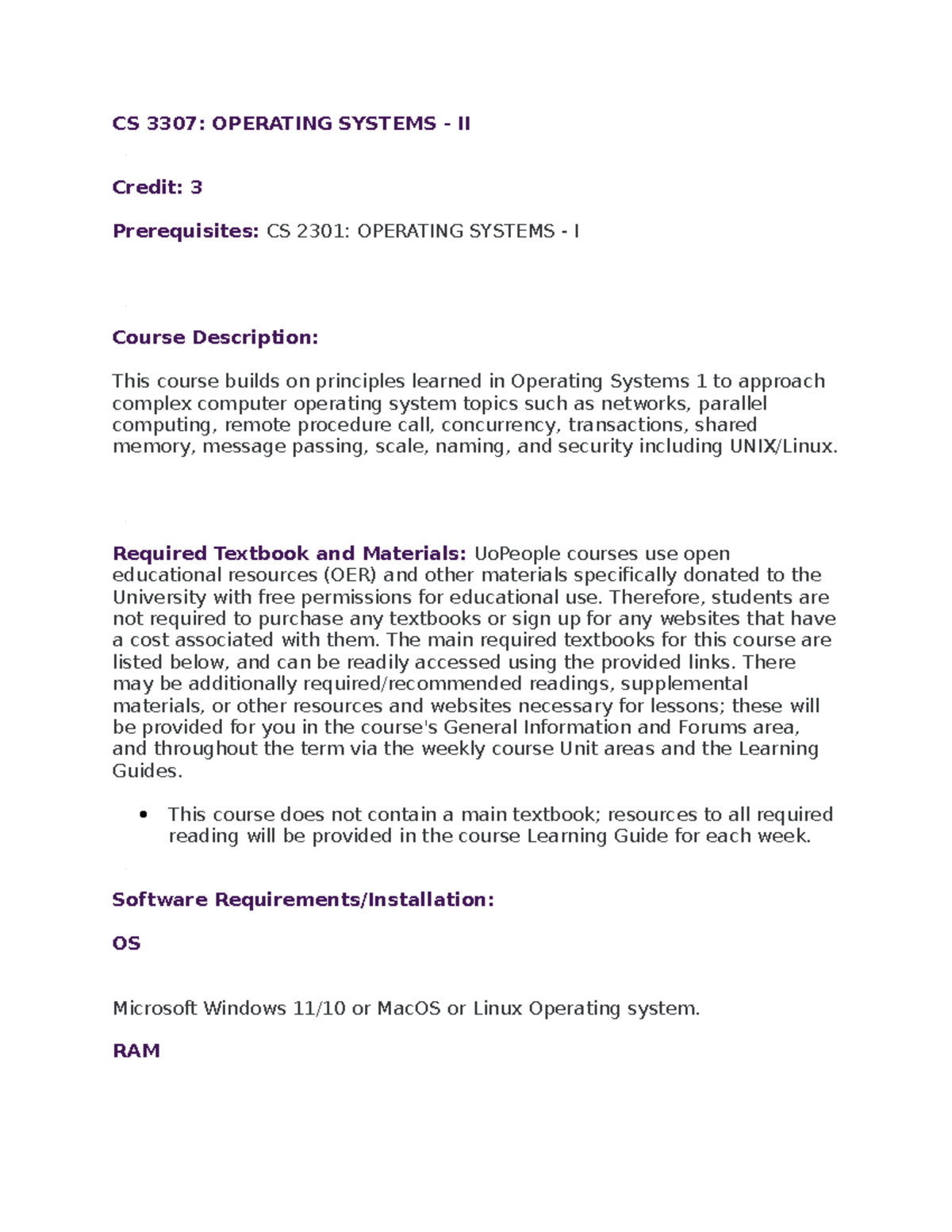 CS 3307 Text Book and Syllabus - CS 3307: OPERATING SYSTEMS - II Credit ...