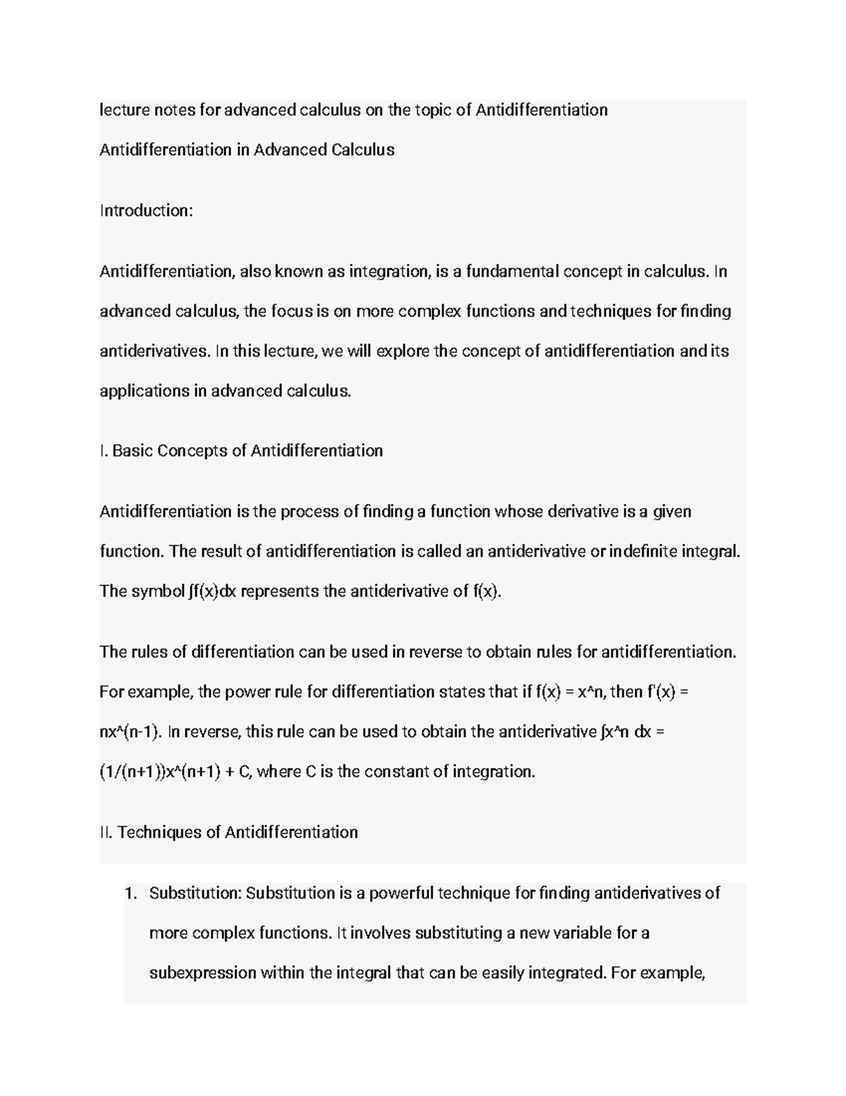 Lecture notes for advanced calculus on the topic of Antidifferentiation ...