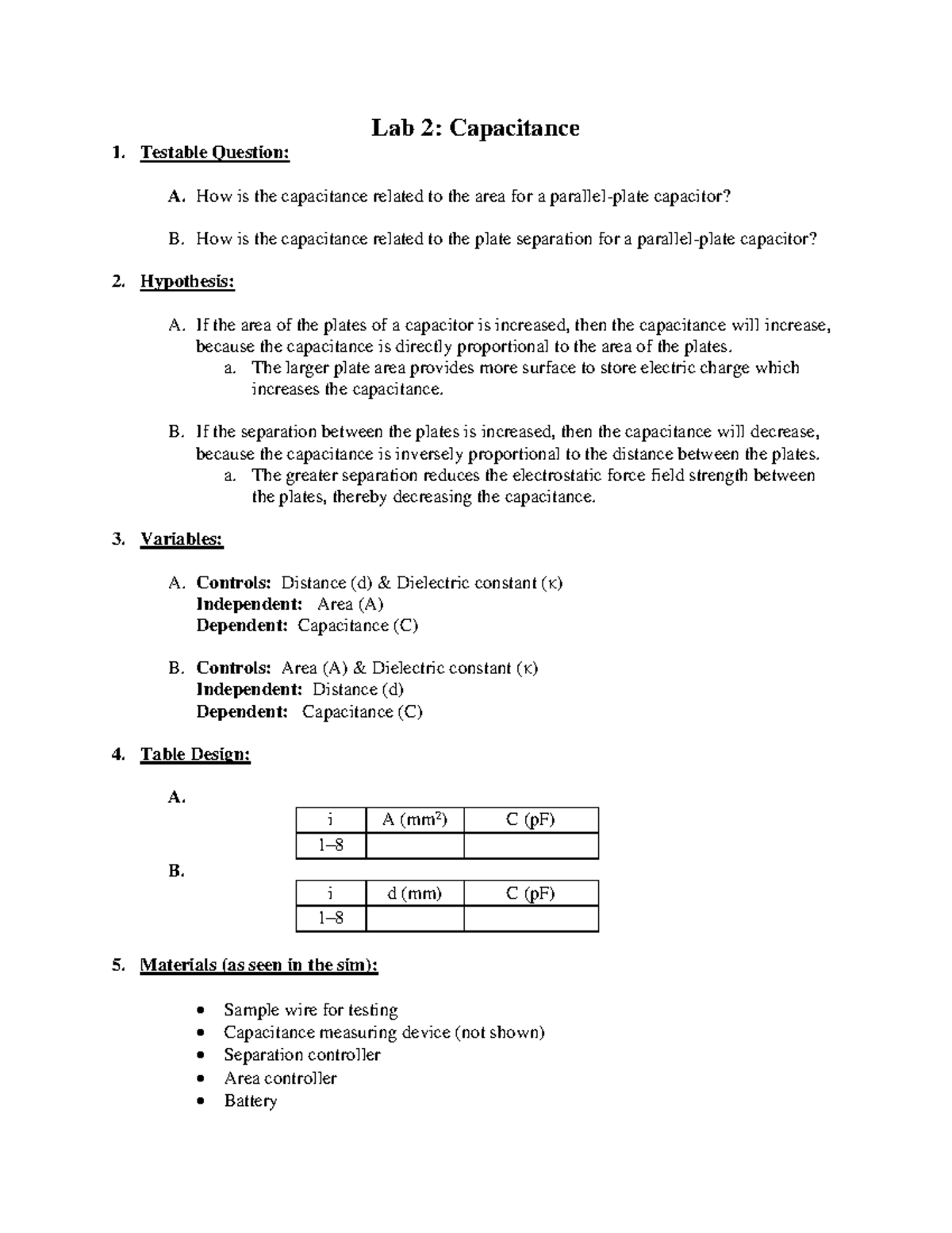 Lab 2 Capacitance PHY 112 - Lab 2: Capacitance Testable Question: A ...