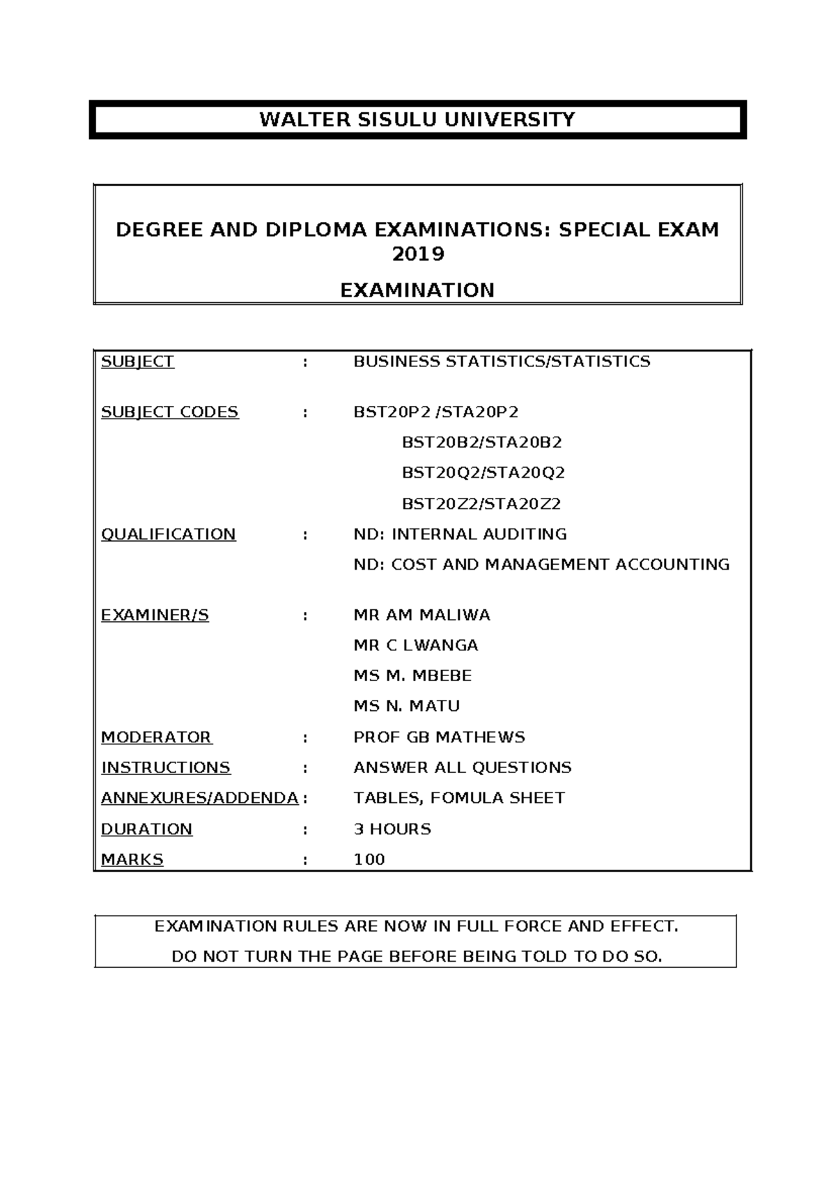 Special Exam Semester 2 - WALTER SISULU UNIVERSITY DEGREE AND DIPLOMA ...