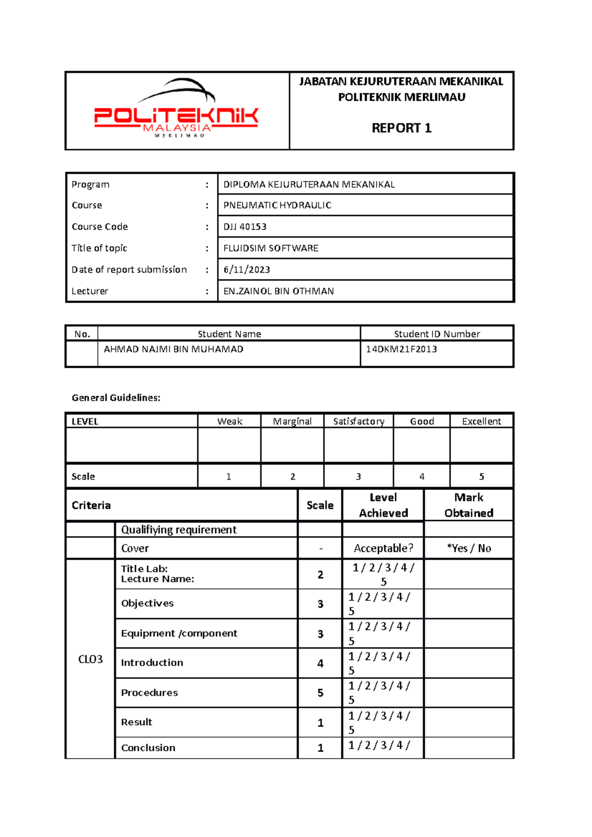 Report 1 Pneumatic - JABATAN KEJURUTERAAN MEKANIKAL POLITEKNIK MERLIMAU ...