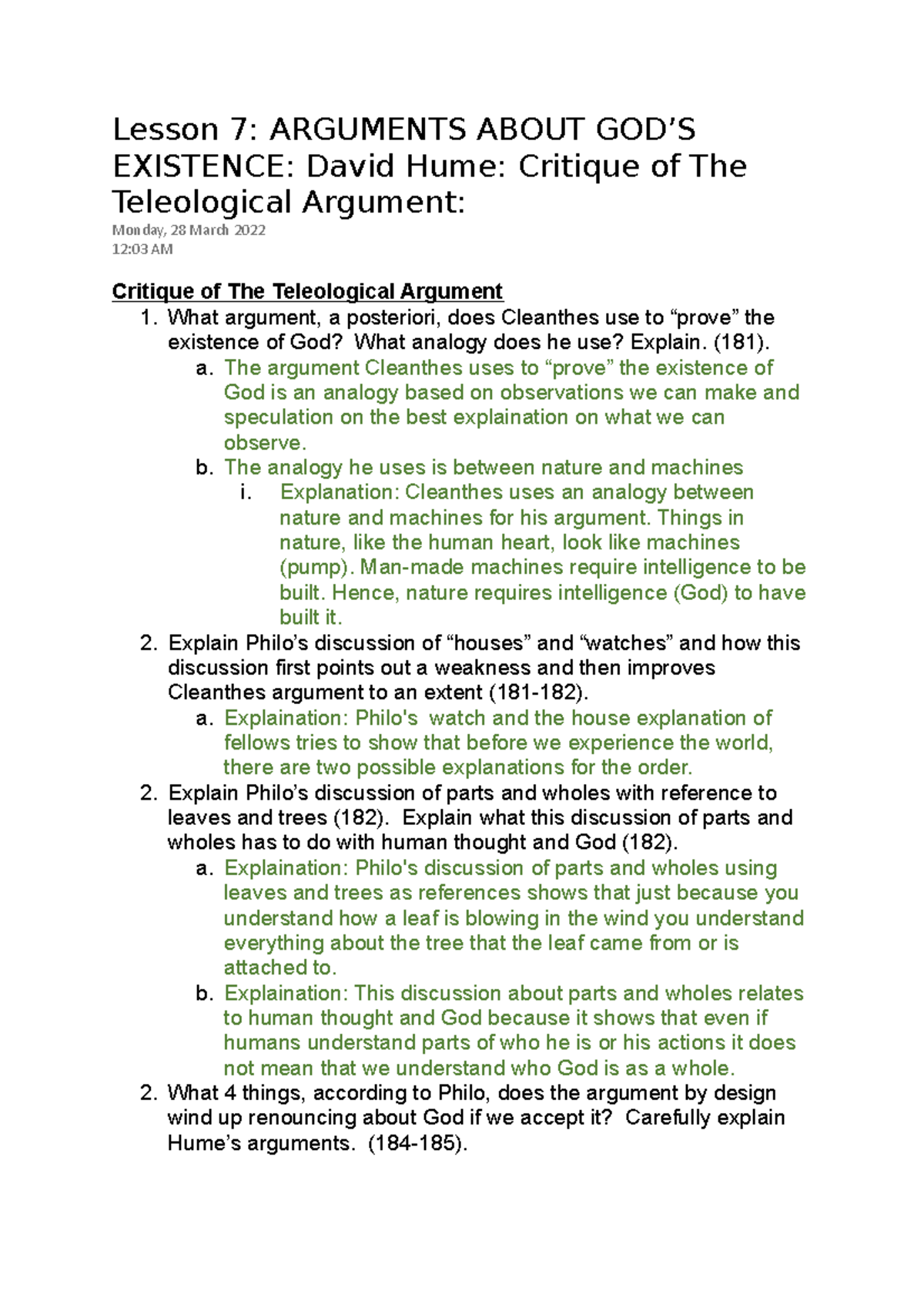 Lesson 7 Arguments About GOD’S Existence David Hume Critique of The Teleological Argument ...