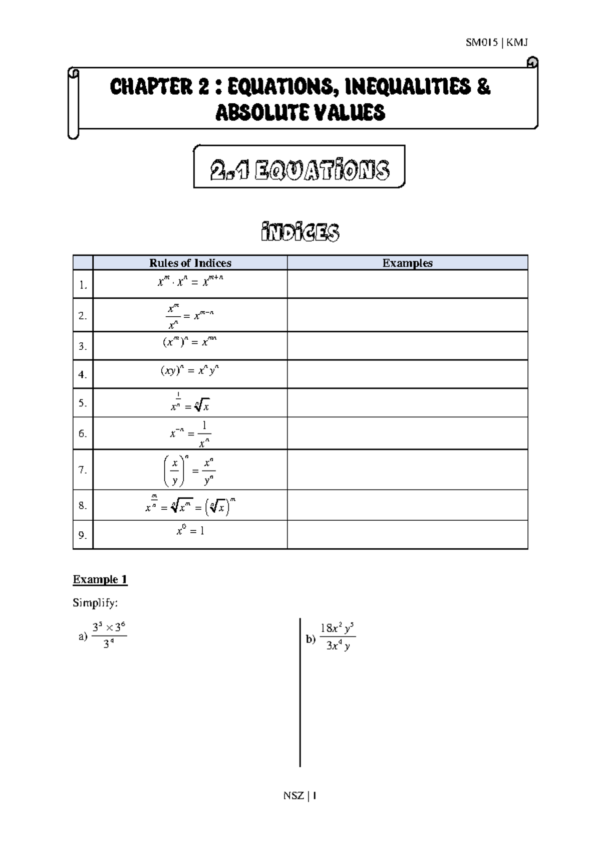Chapter 2 SM015 - CHAPTER 2 : EQUATIONS, INEQUALITIES & ABSOLUTE VALUES ####### 2 EQUATIONS ...